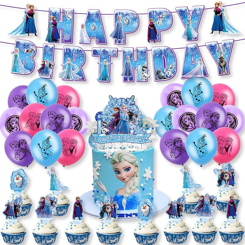 Elsa Kids Party Decoration Kit with Birthday Banner, Cake Topper ...