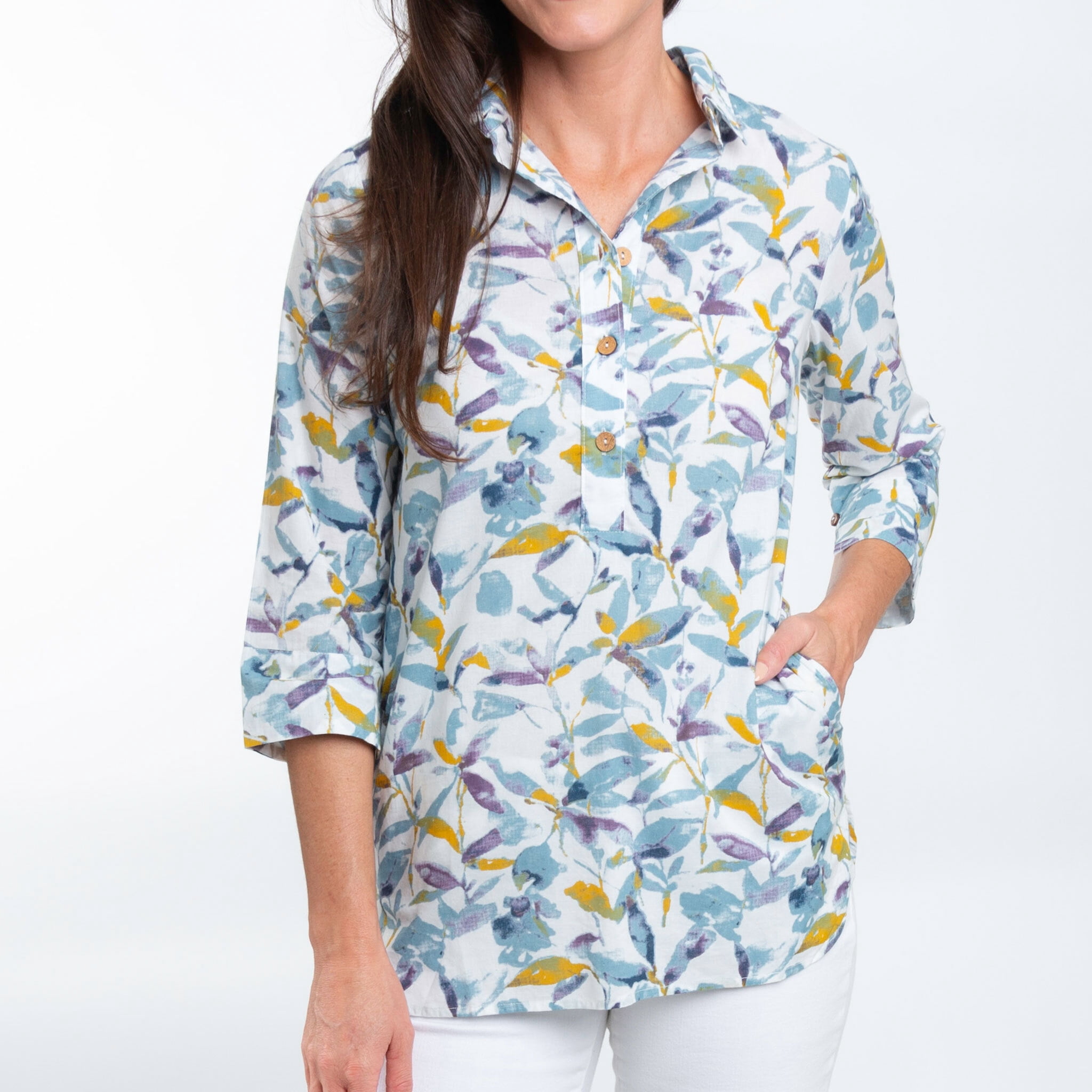 Elsie & Zoey Tessa Medium Watercolor 3/4 Sleeve Collared Tunic Blouse ...