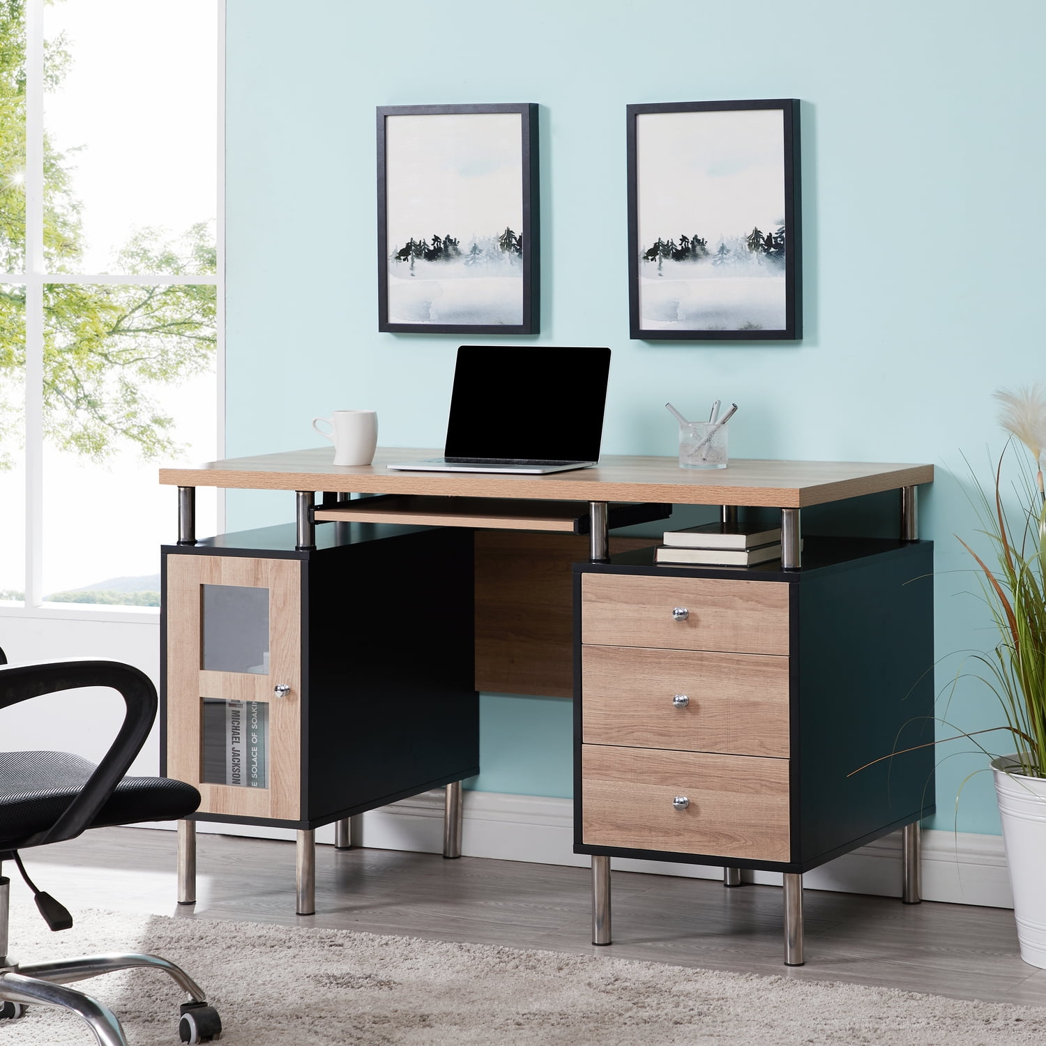 Elsy 3-Drawer File Cabinet Two-Tone Desk with Keyboard Tray, Power ...