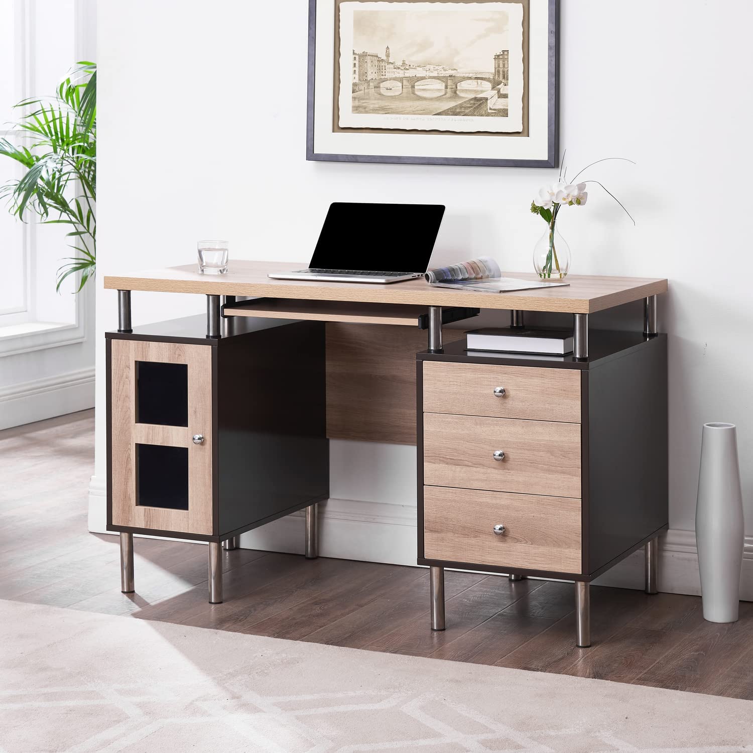 Elsy Executive Desk with Drawers, Wood Office Desk w/Charging Station ...