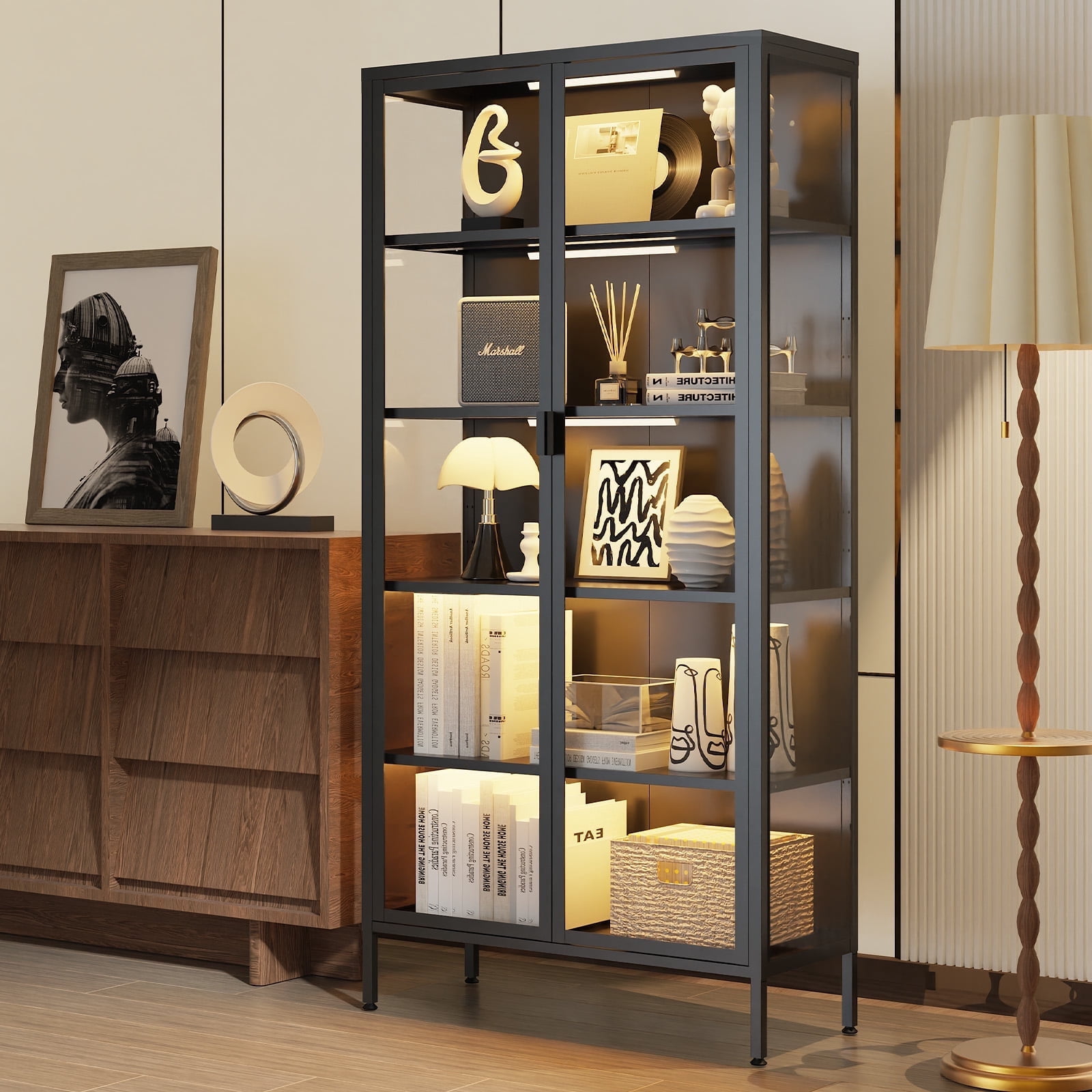 Eltean 71"H Display Cabinet with Glass Doors, 5 Tiers Curio Display ...