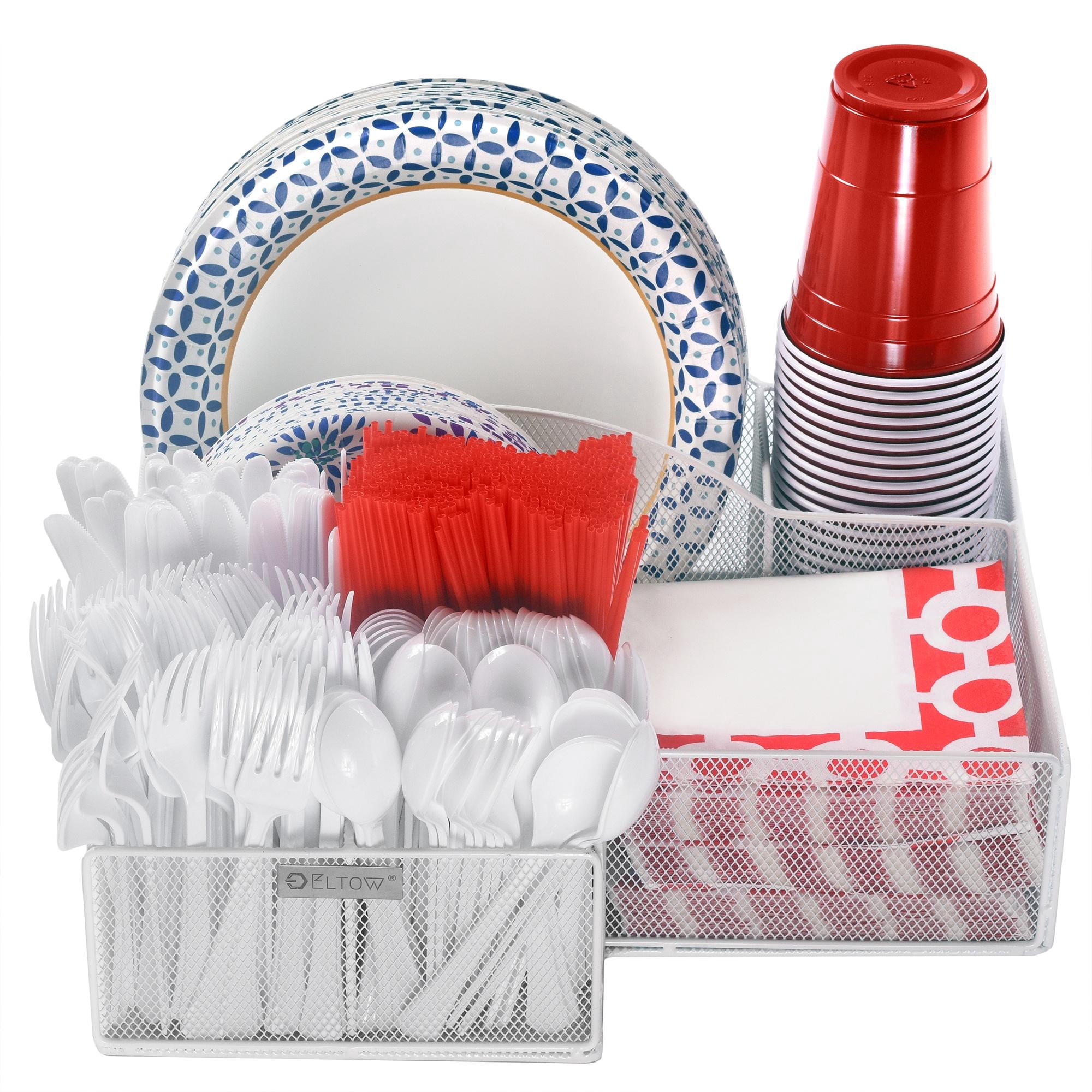 Eltow Paper Plate Organizer Caddy with Handles – Utensil Holder for ...