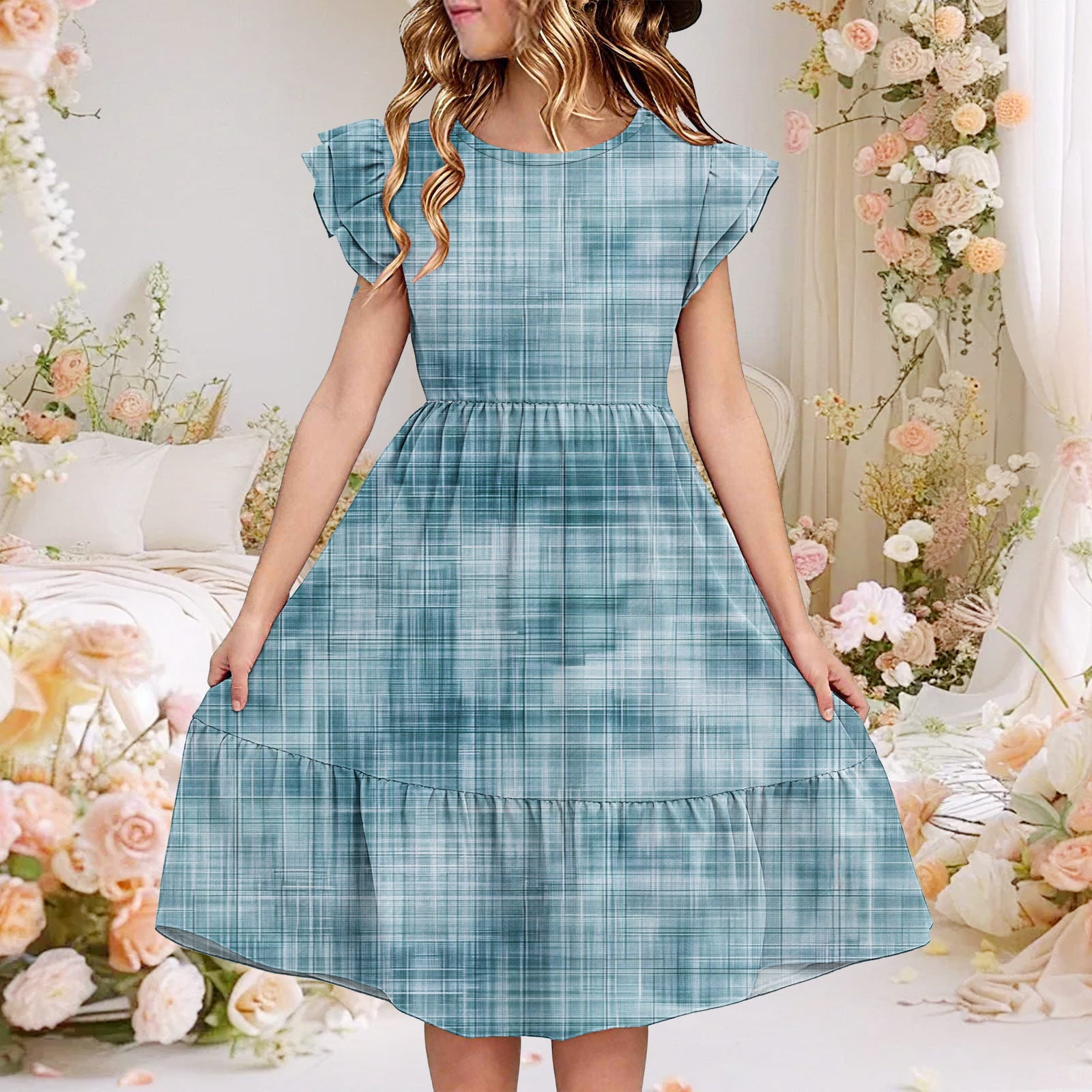 Eltusu Casual Dresses for Girls, Crewneck Ruffle Sleeve Short Sleeve ...