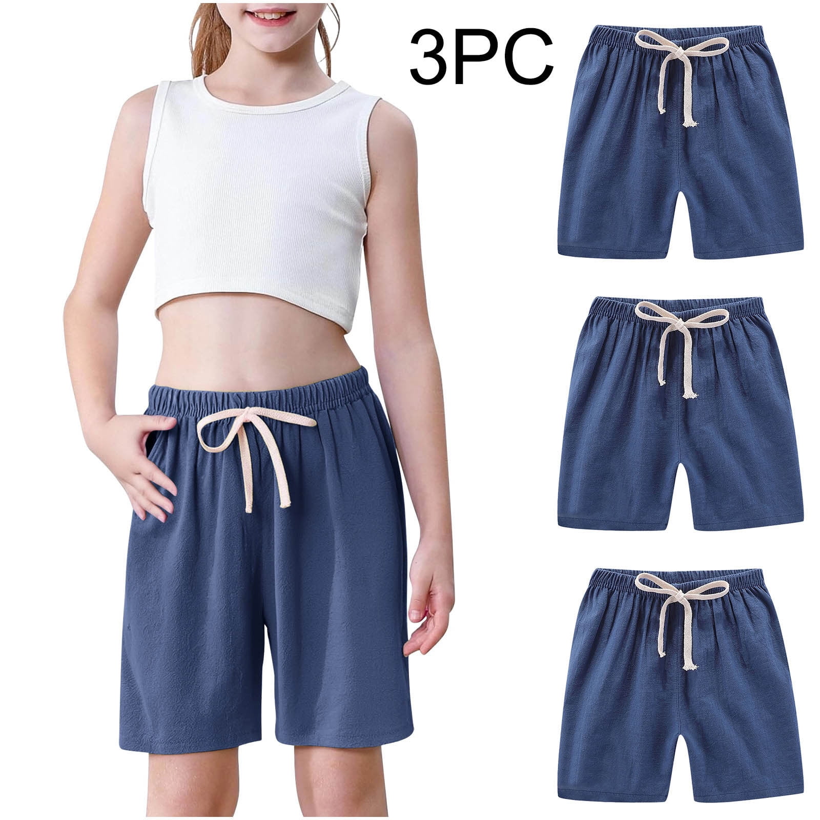 Eltusu Girls Athletic Shorts, Knee Length Casual 3 Pieces Elastic Waist ...
