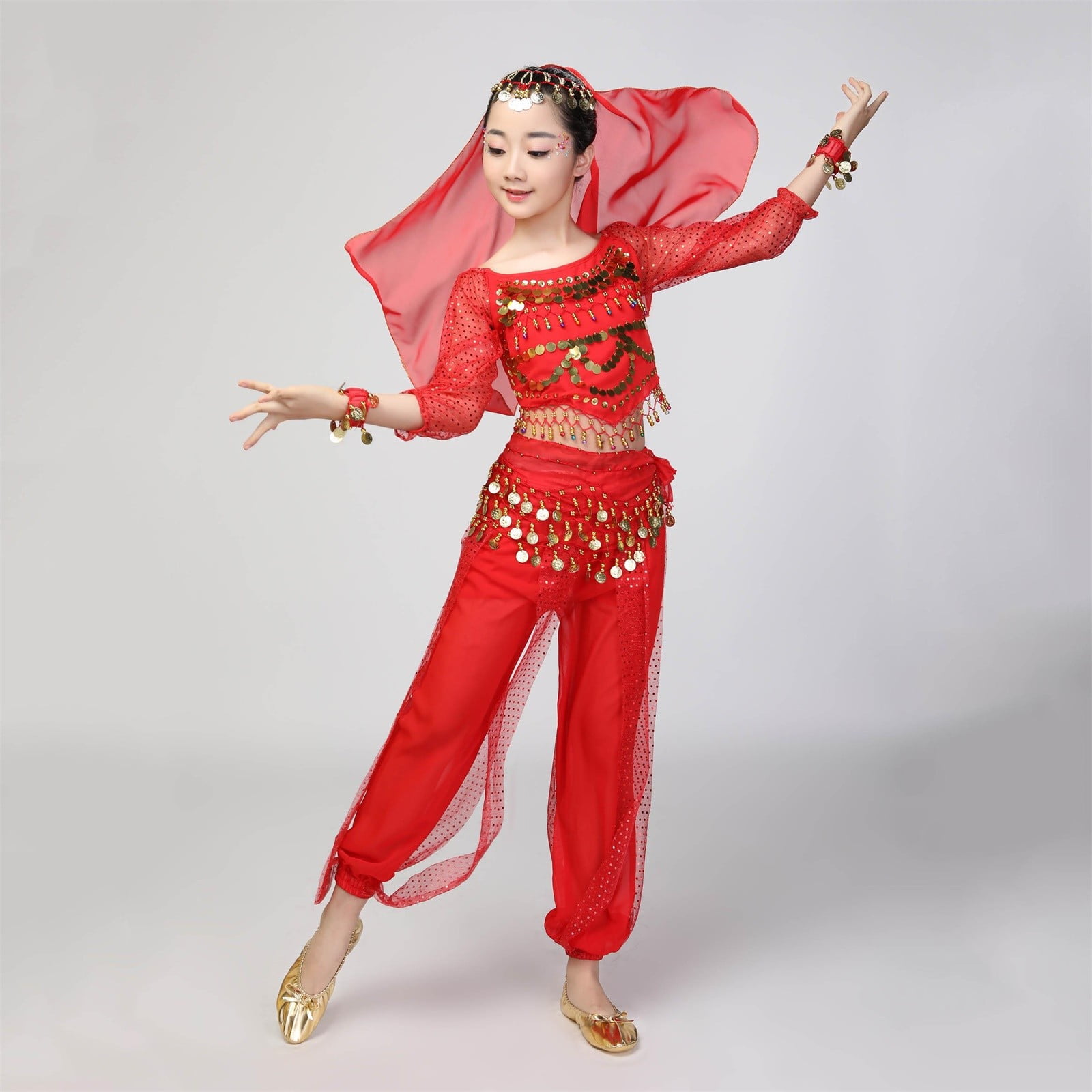 Eltusu Girls Belly Dance Sets, Stage Performance Long Sleeve Elastic ...