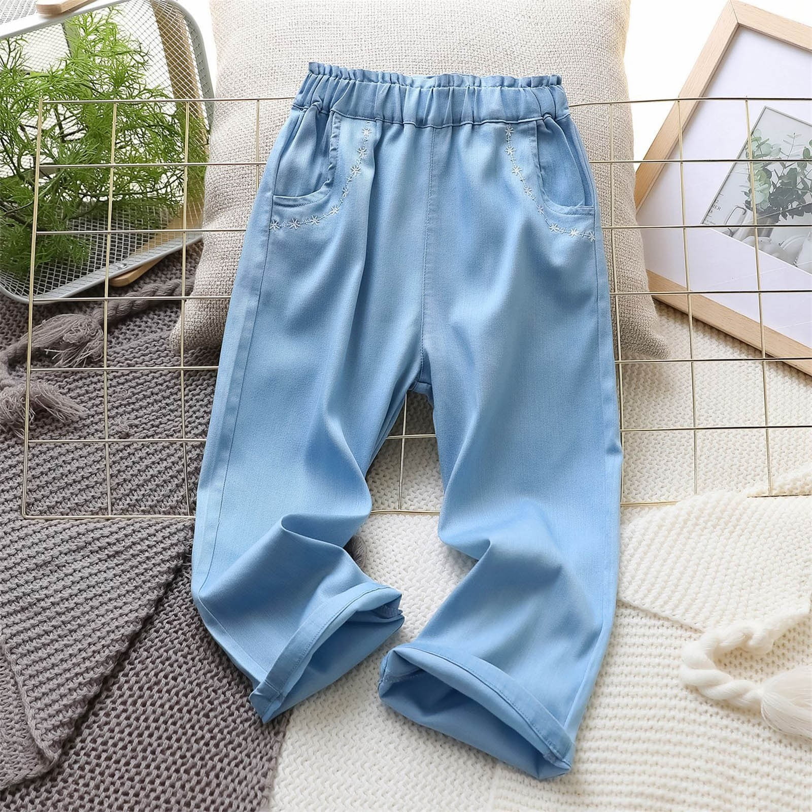 Eltusu Girls Denim Pants, Elastic Waist Loose Casual Straight Leg ...