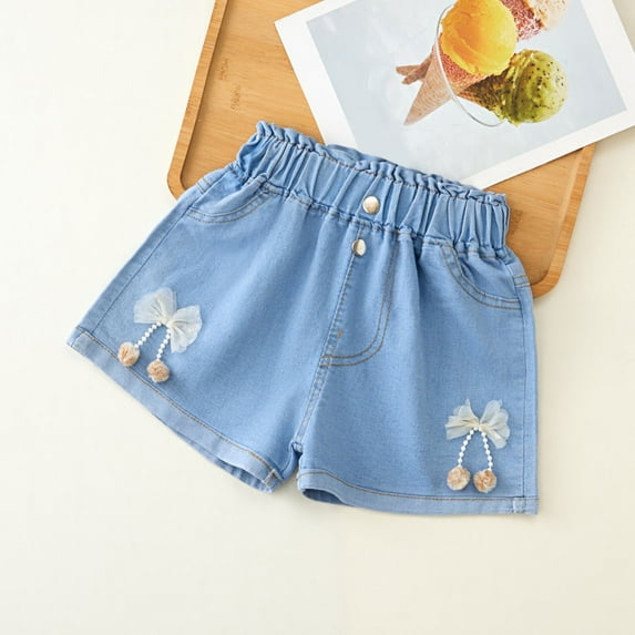 Eltusu Girls Denim Shorts, Elastic Waist Casual Summer Bow Jean Shorts ...