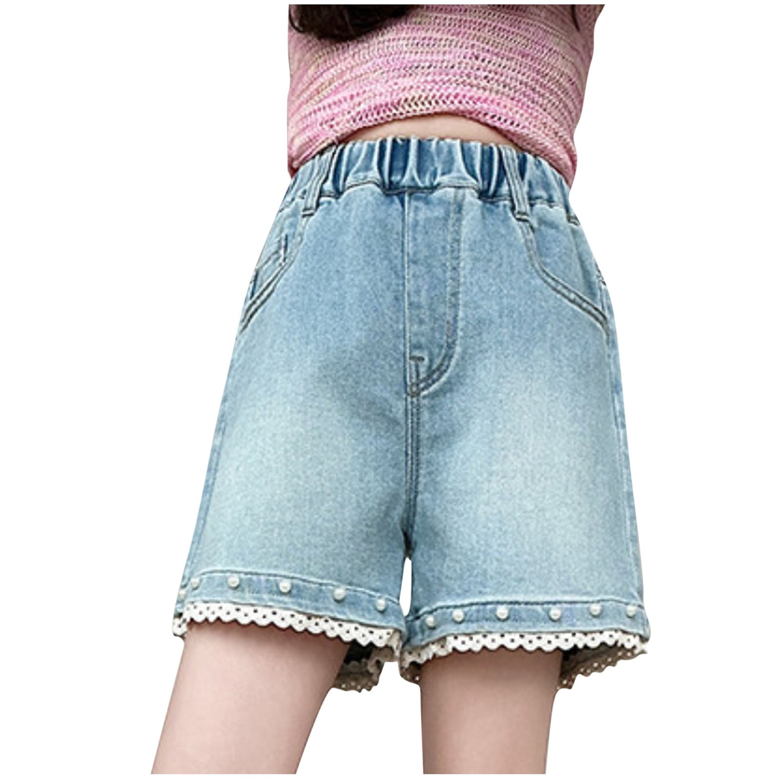 Eltusu Girls Denim Shorts, Elastic Waistband Flower Hem Summer Casual ...