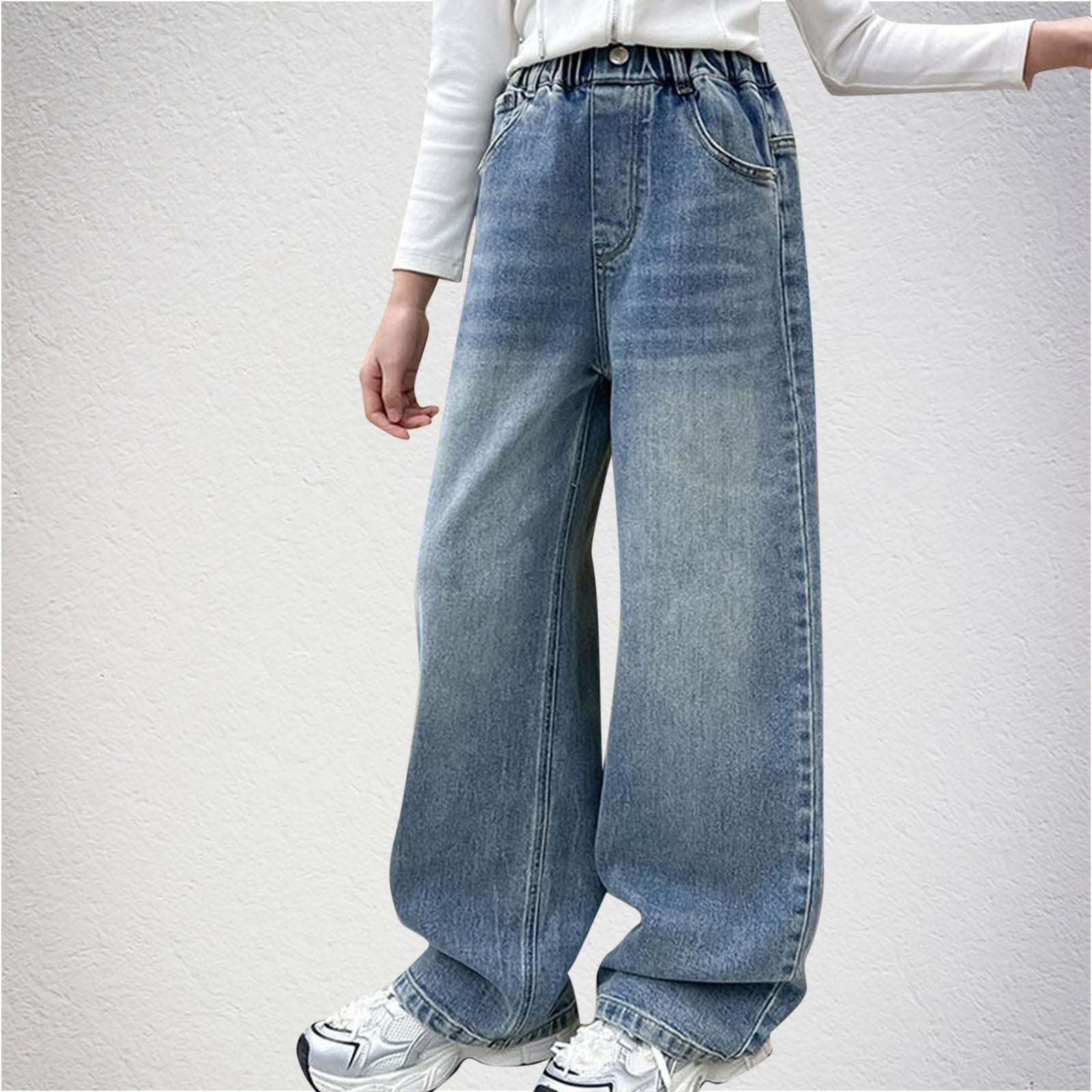 Eltusu Girls Jeans, Solid Color Looose Straight Leg Elastic Waist Denim ...