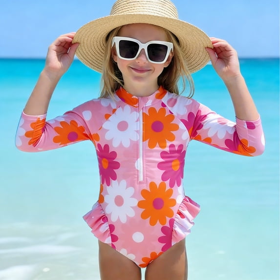 Eltusu Girls One-Piece Swimsuit, Crew Neck Long Sleeve Holiday Quick ...