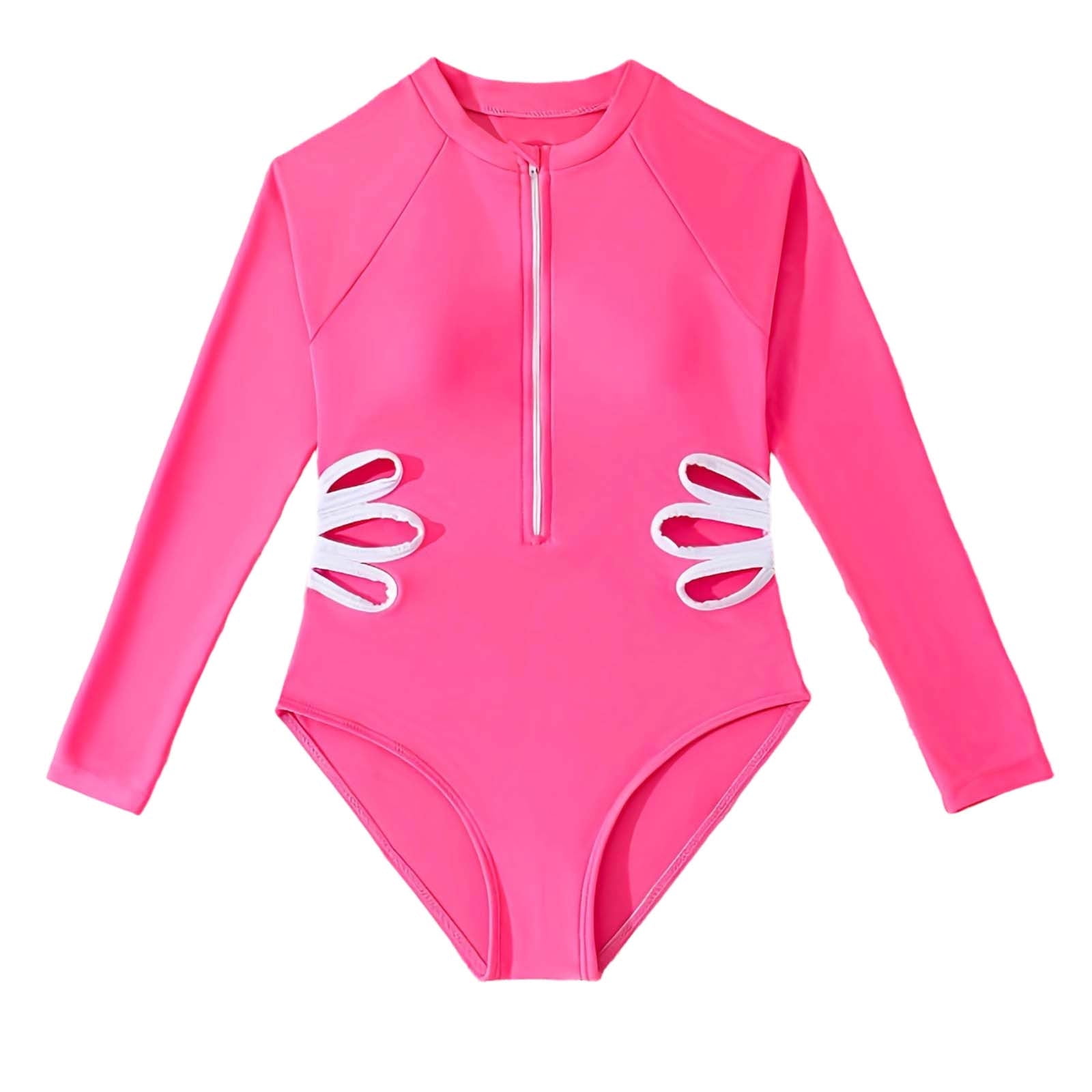 Eltusu Girls One-Piece Swimsuit, Quick Dry Crew Neck Long Sleeve Solid ...