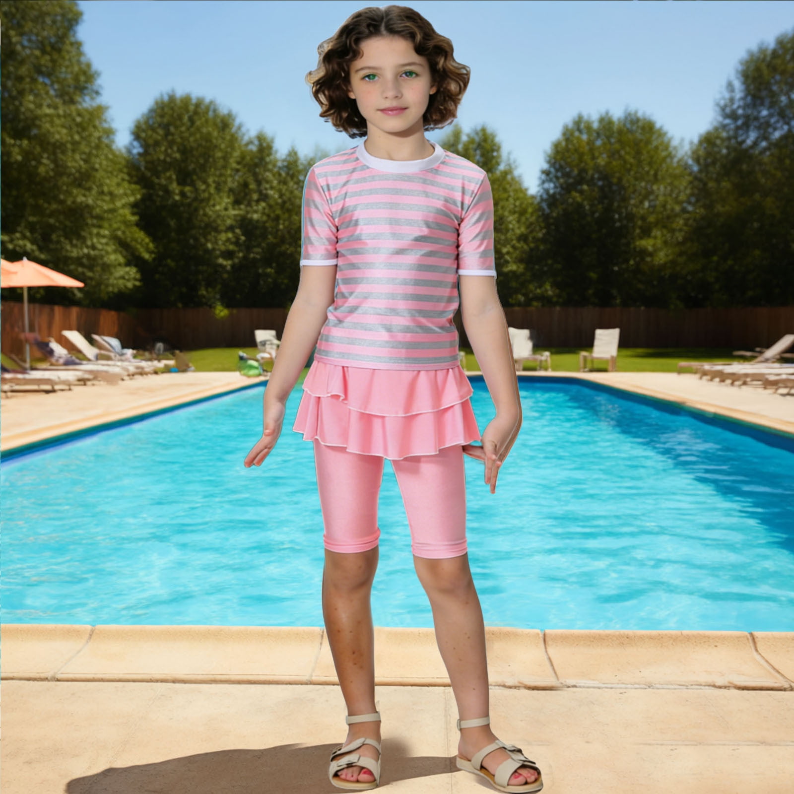 Eltusu Girls Rush Gard Sets, Beachwear Short Sleeve Striped Two Pieces ...