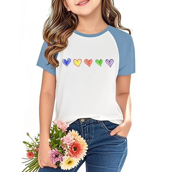 Eltusu Girls Short Sleeve Tops, Crew Neck Pullover Summer Printed Kids ...