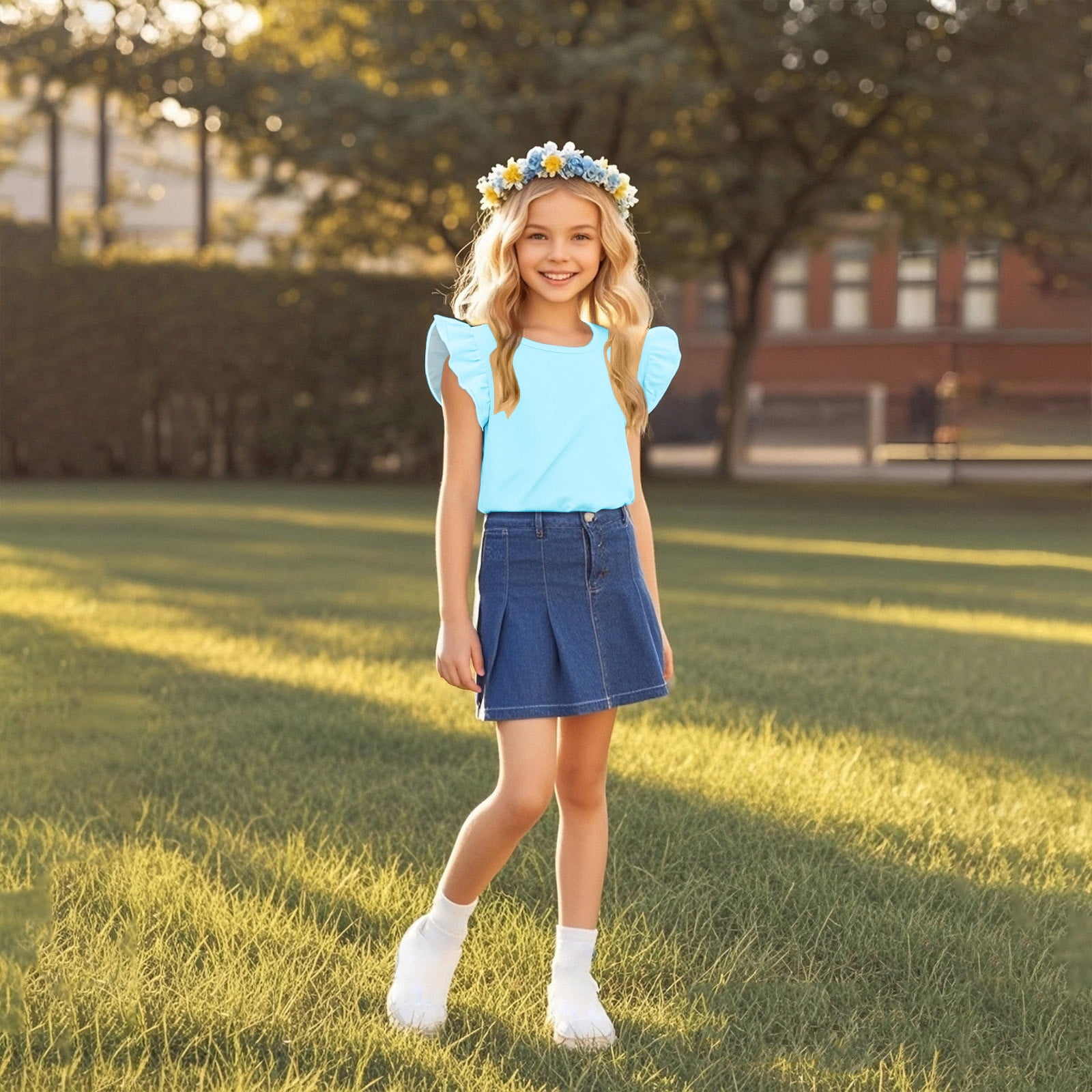 Eltusu Girls T-shirts, Crew Neck Ruffle sleeve Solid Color Pullover ...