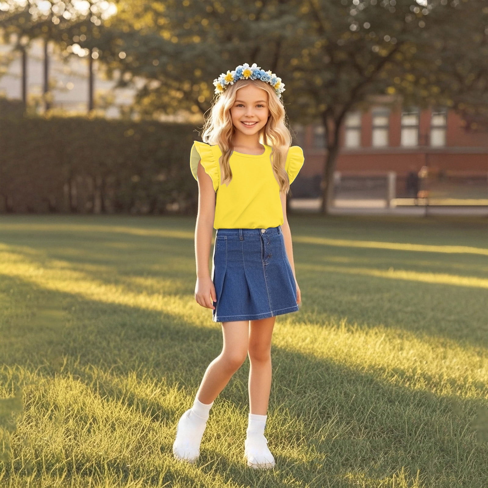 Eltusu Girls T-shirts, Crew Neck Solid Color Pullover Ruffle sleeve ...