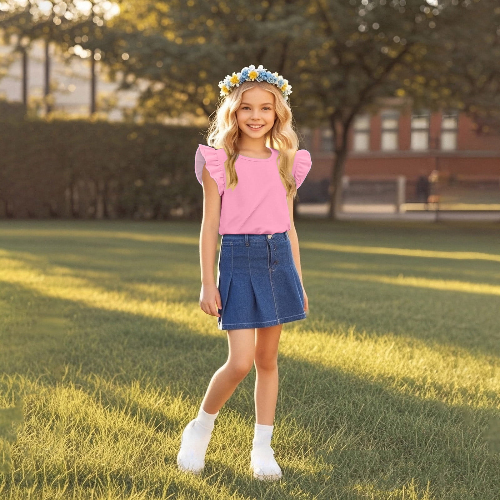 Eltusu Girls T-shirts, Pullover Crew Neck Solid Color Ruffle sleeve ...