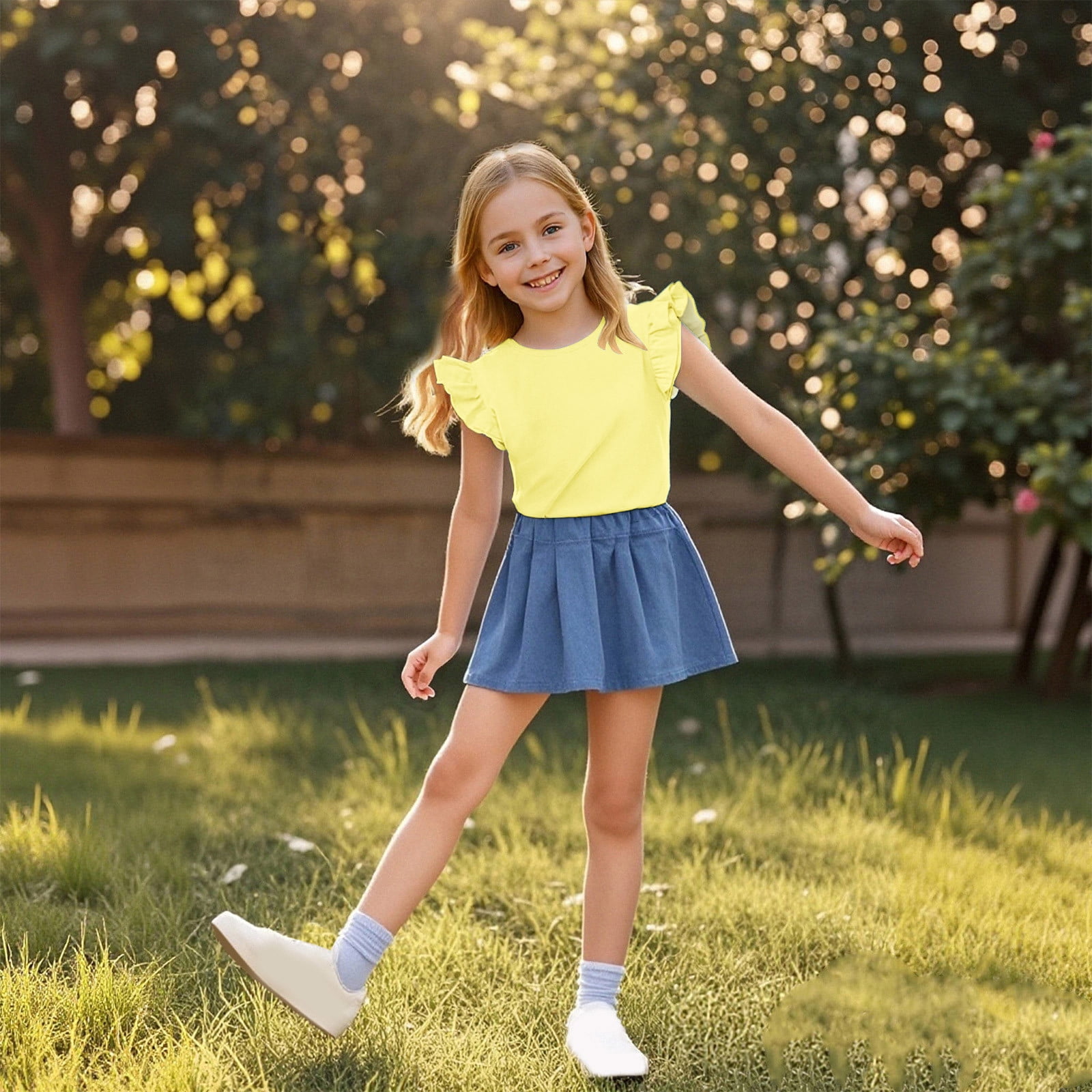 Eltusu Girls T-shirts, Ruffle sleeve Crew Neck Pullover Fashion Short ...