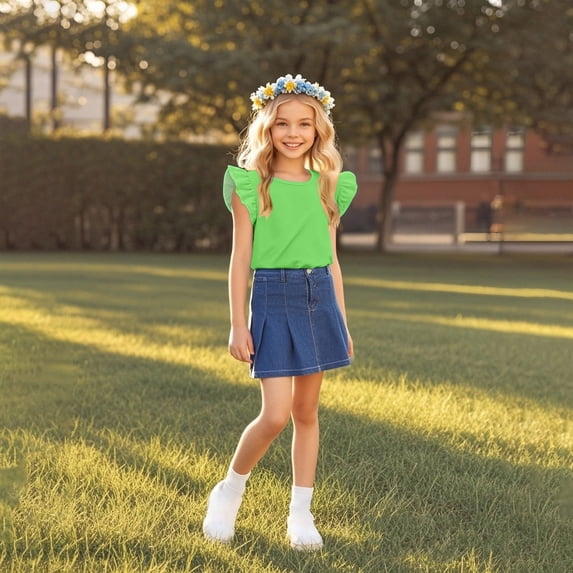 Eltusu Girls T-shirts, Solid Color Crew Neck Ruffle sleeve Pullover ...