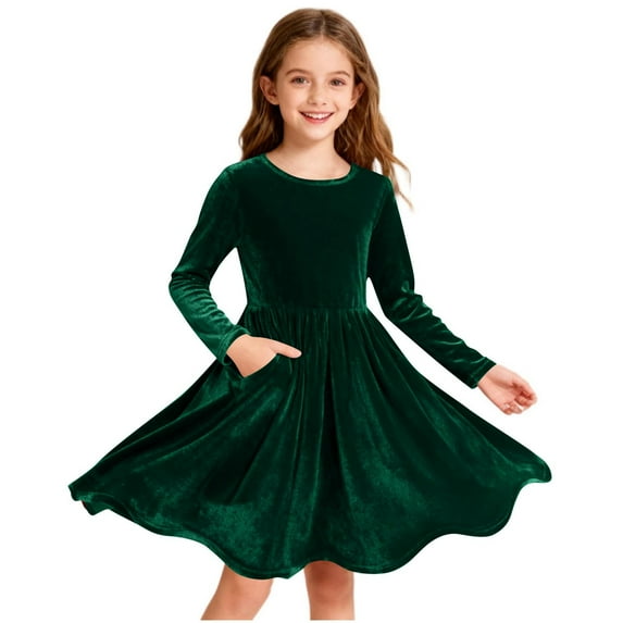 Eltusu Girls Velvet Dress, Long Sleeve Casual Crewneck Soft Party Dress ...