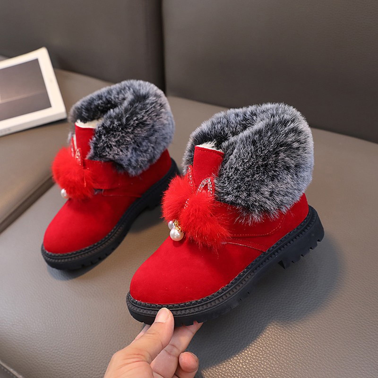 Eltusu Little Girls Boots, Flock Soft No Slip Thermal Winter Shoes Red ...