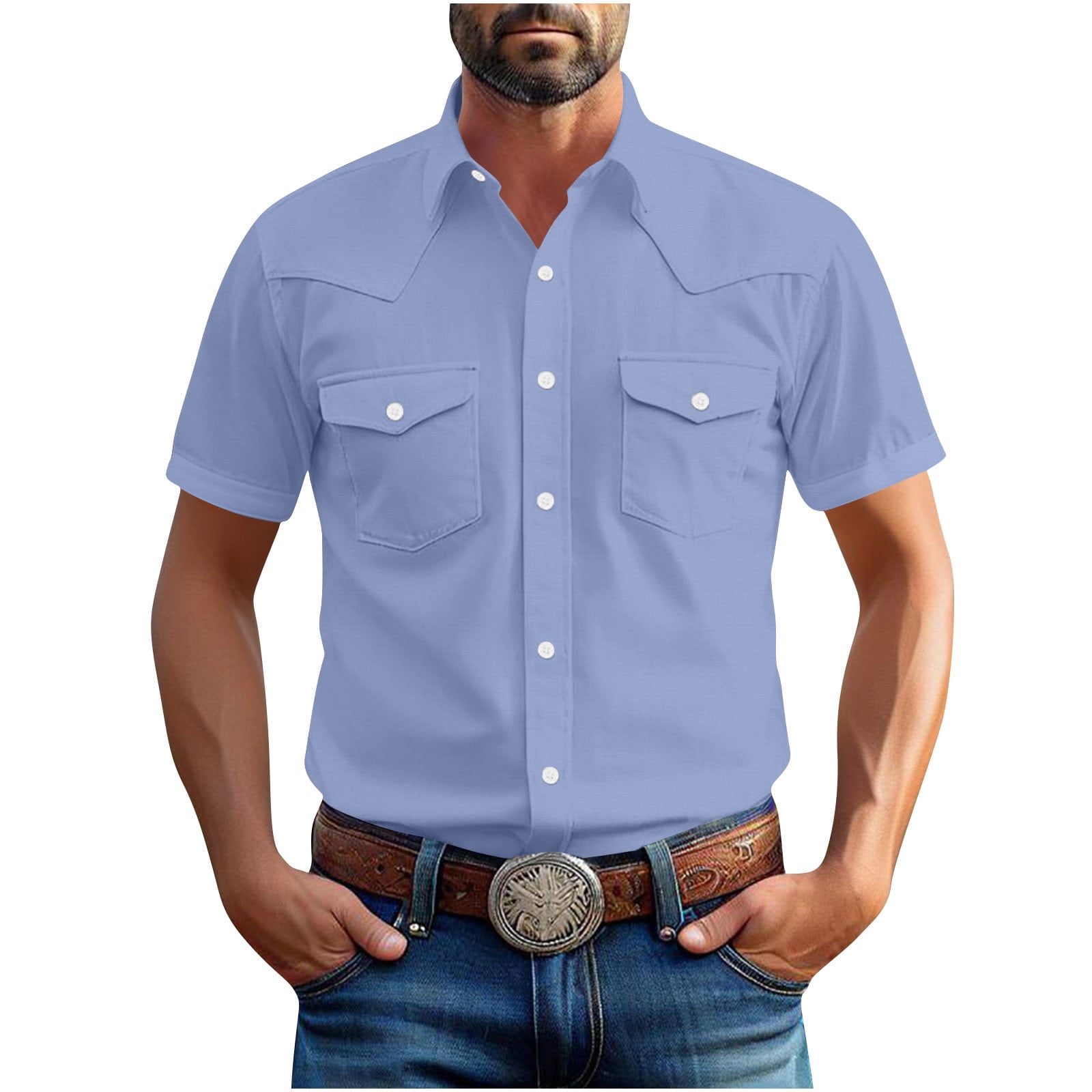 Eltusu Men's Button up Shirts, Solid Color Lapel Collar Stretchy Short ...