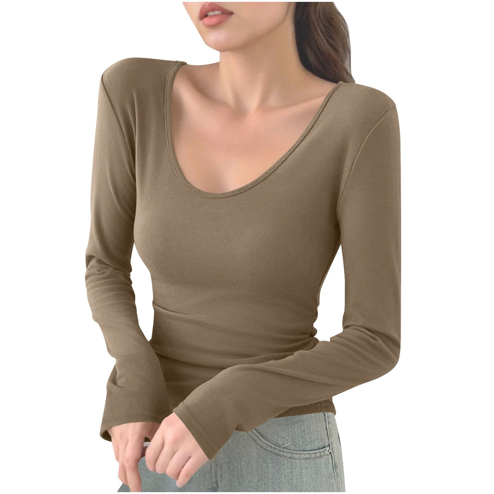 Eltusu Women Base Layer Tops, Long Sleeve Soft U Neck Pullover Ladies Blouses Khaki Size M ...