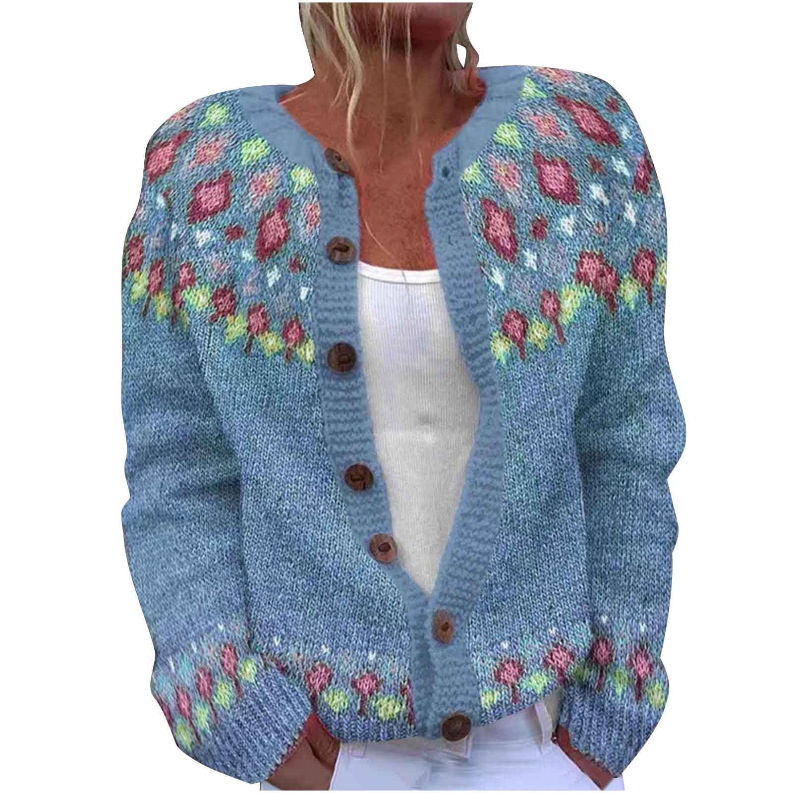 Eltusu Women Cardigans, Button Down Crew Neck Thermal Printed Winter ...