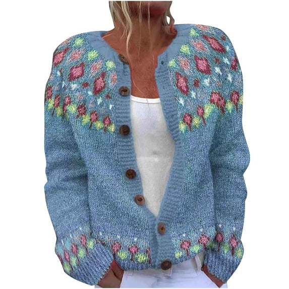 Eltusu Women Cardigans, Button Down Crew Neck Thermal Printed Winter ...