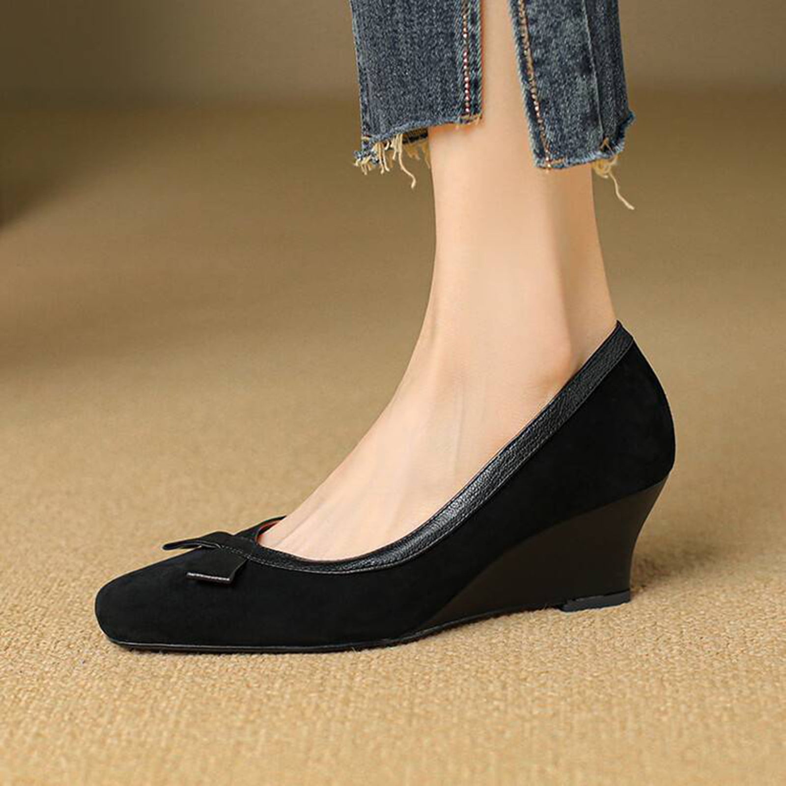 Eltusu Women Chunky Heels, No Slip Bow Mid High Heels Square Toe Block ...