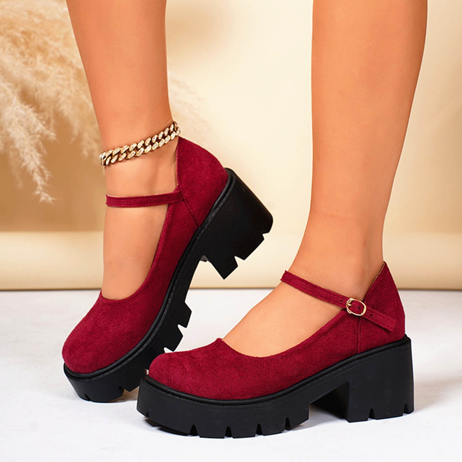 Eltusu Women Loafer Shoes, Mid High Heels Round Toe Block Heel Fashion ...