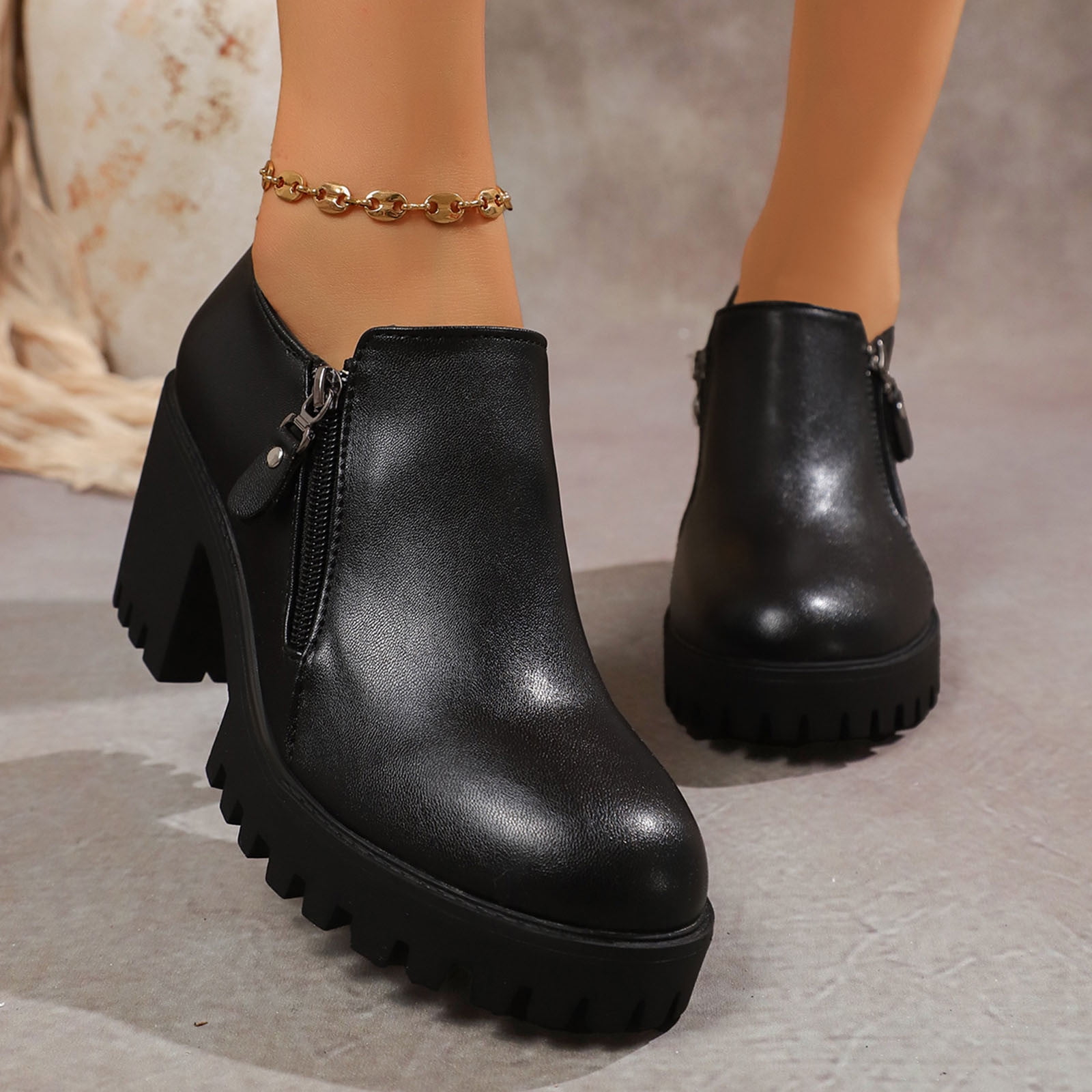Eltusu Women Loafer Shoes, Round Toe Block Heel Mid High Heels No Slip ...