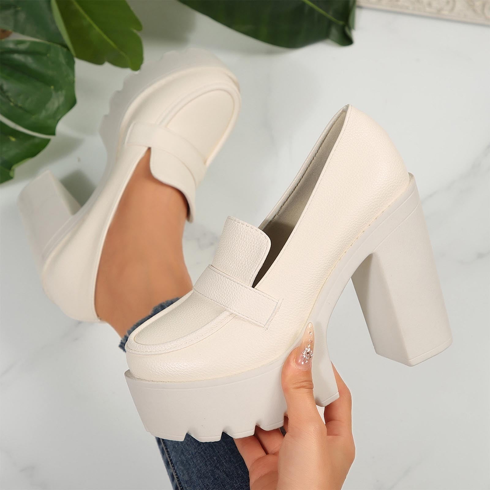 Eltusu Women Platform Chunky Heels, No Slip Mid High Heels Round Toe ...