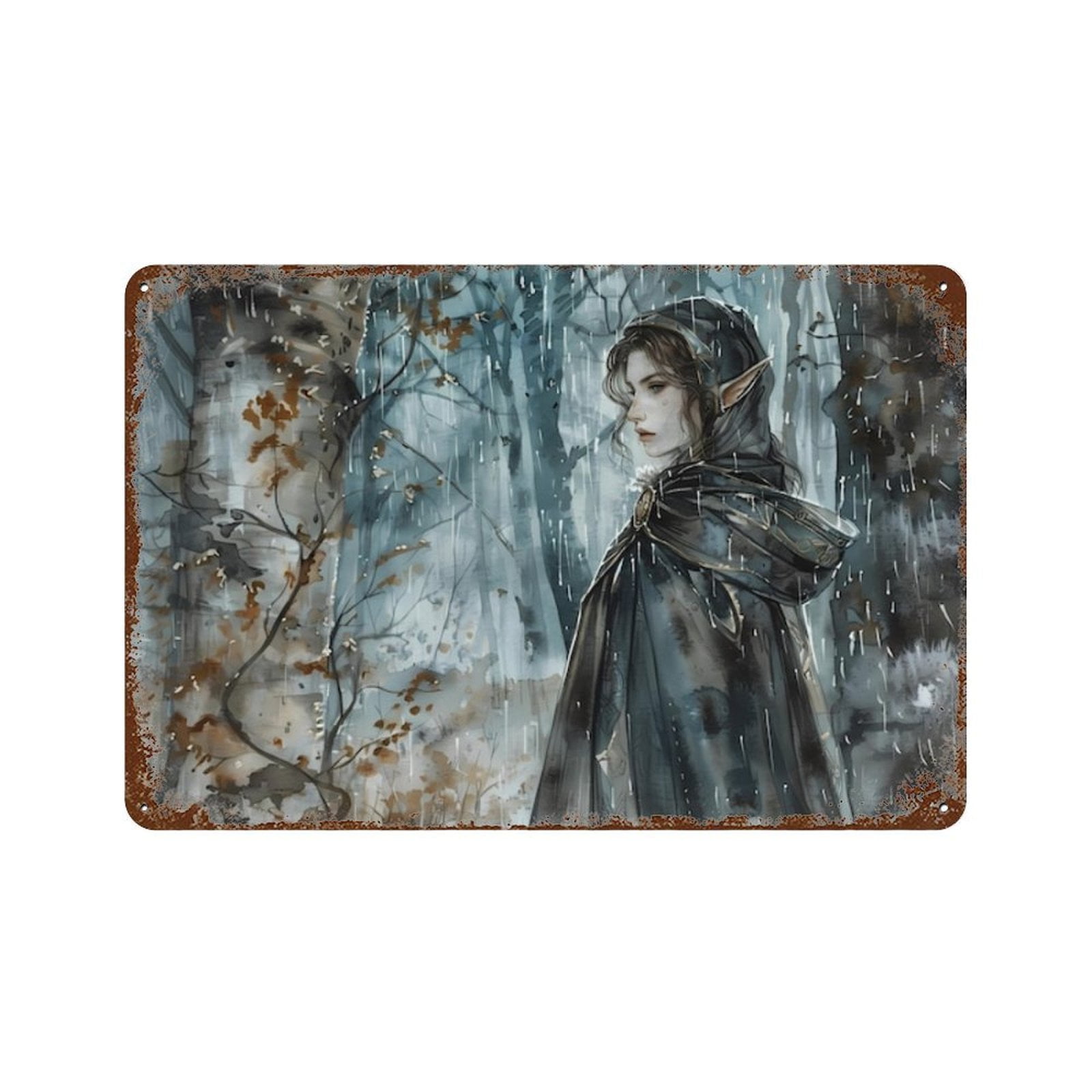 Elven Sentinel in the Rain Metal Sign: Graceful elven figure cloaked in ...