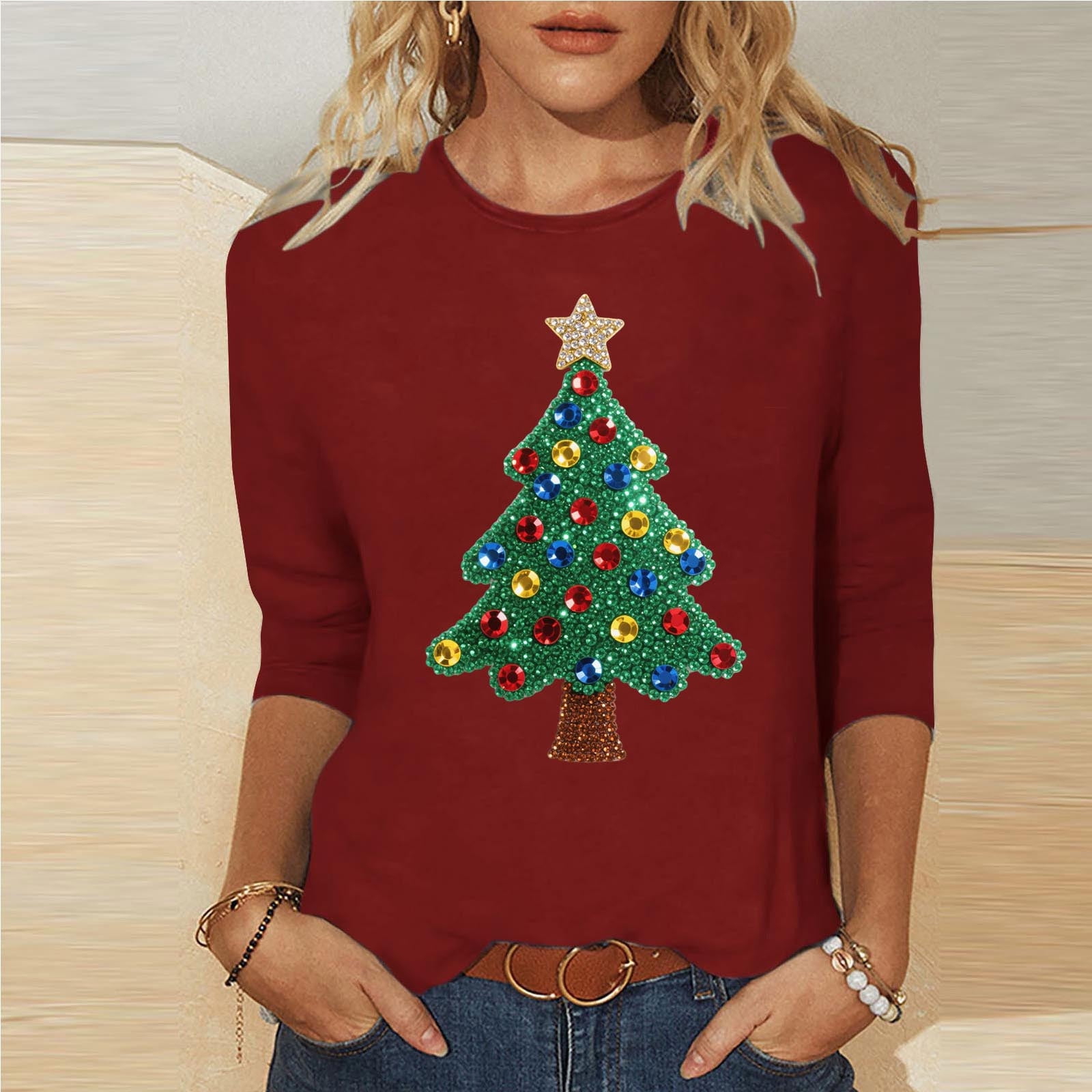 Elvqul 3/4 Sleeve Tops for Women Pullover Shirts Christmas Dressy Red ...
