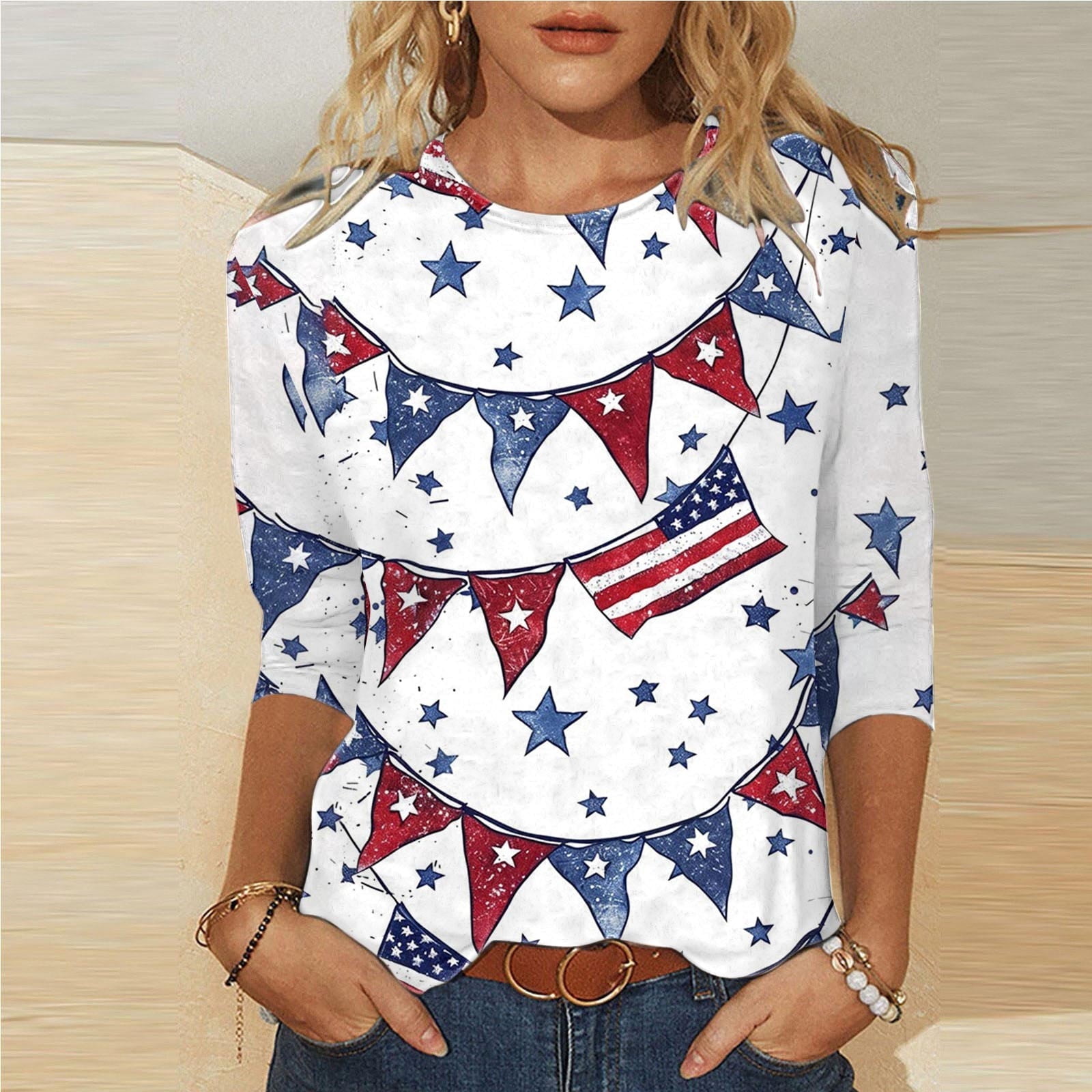 Elvqul American Flag Tops for Women Plus Size 3/4 Sleeve Shirts ...