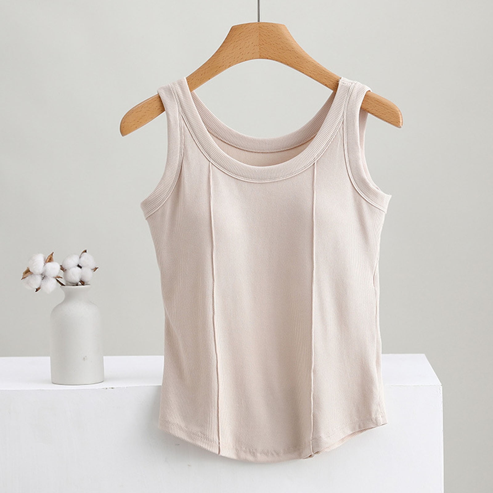Elvqul Basic Tank Tops Women Cotton Sleeveless Padded Pullover Beige ...