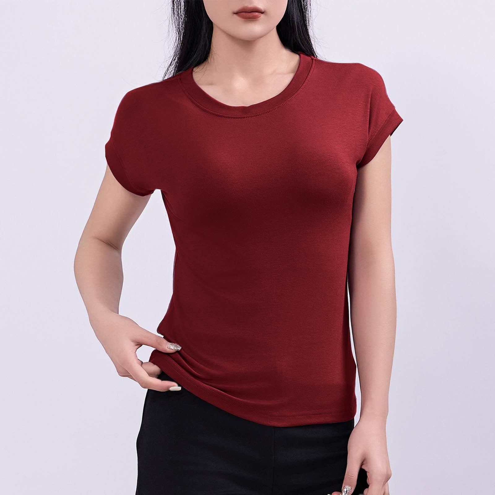 Elvqul Blouses for Women Summer Shirts Plain Pullover Plus Size Red ...