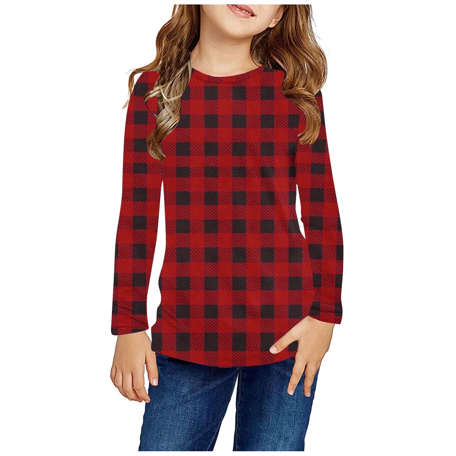 Elvqul Boys T-shirts Long Sleeve Plaid Print Children Red Round Neck ...