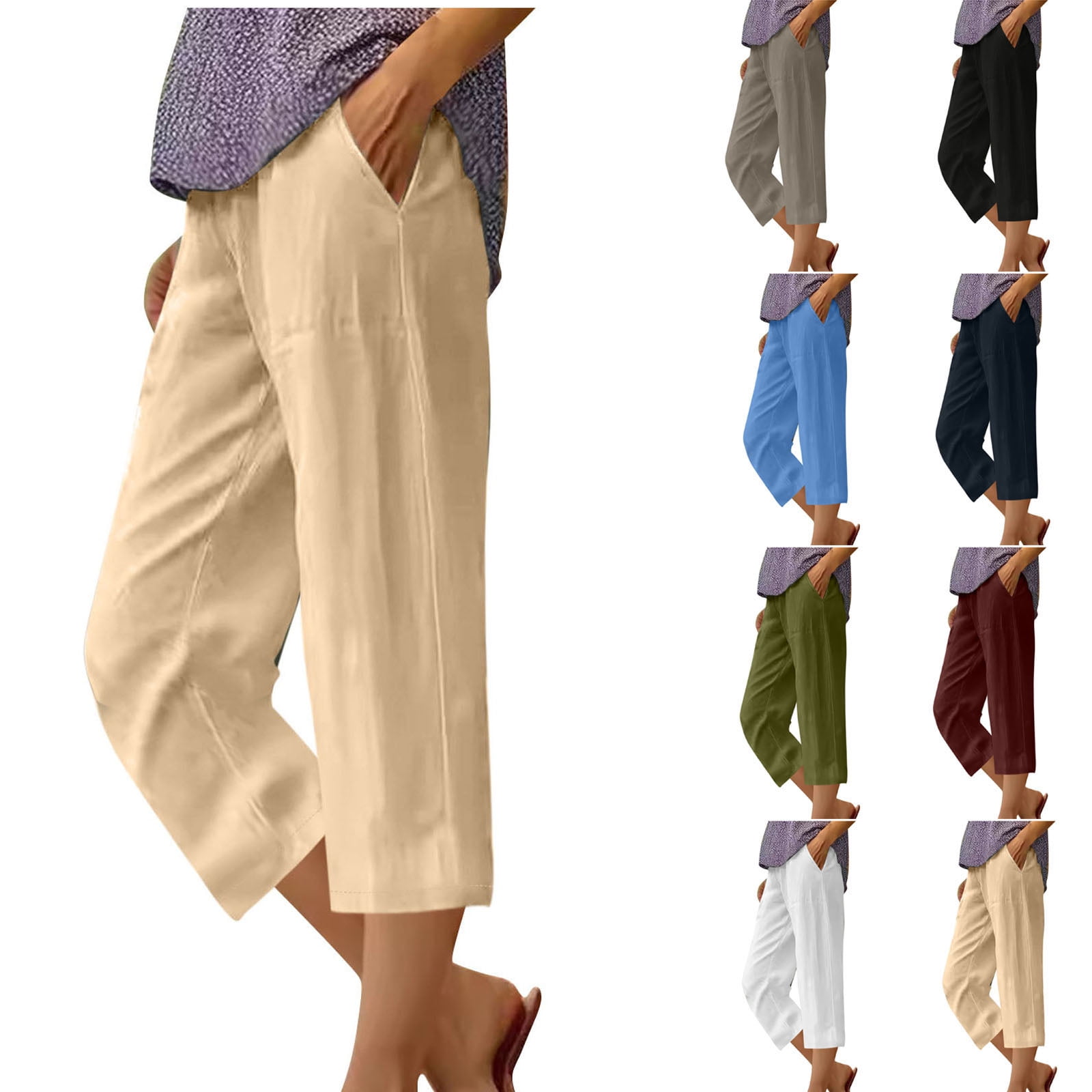 Elvqul Capris for Women Beige Womens Pants Plus Size $5 Elastic Crop ...