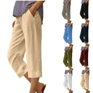 Dyegold Capris For Women Casual Summer Cotton Linen Cropped Pants Elastic Waist Drawstring Plus ...