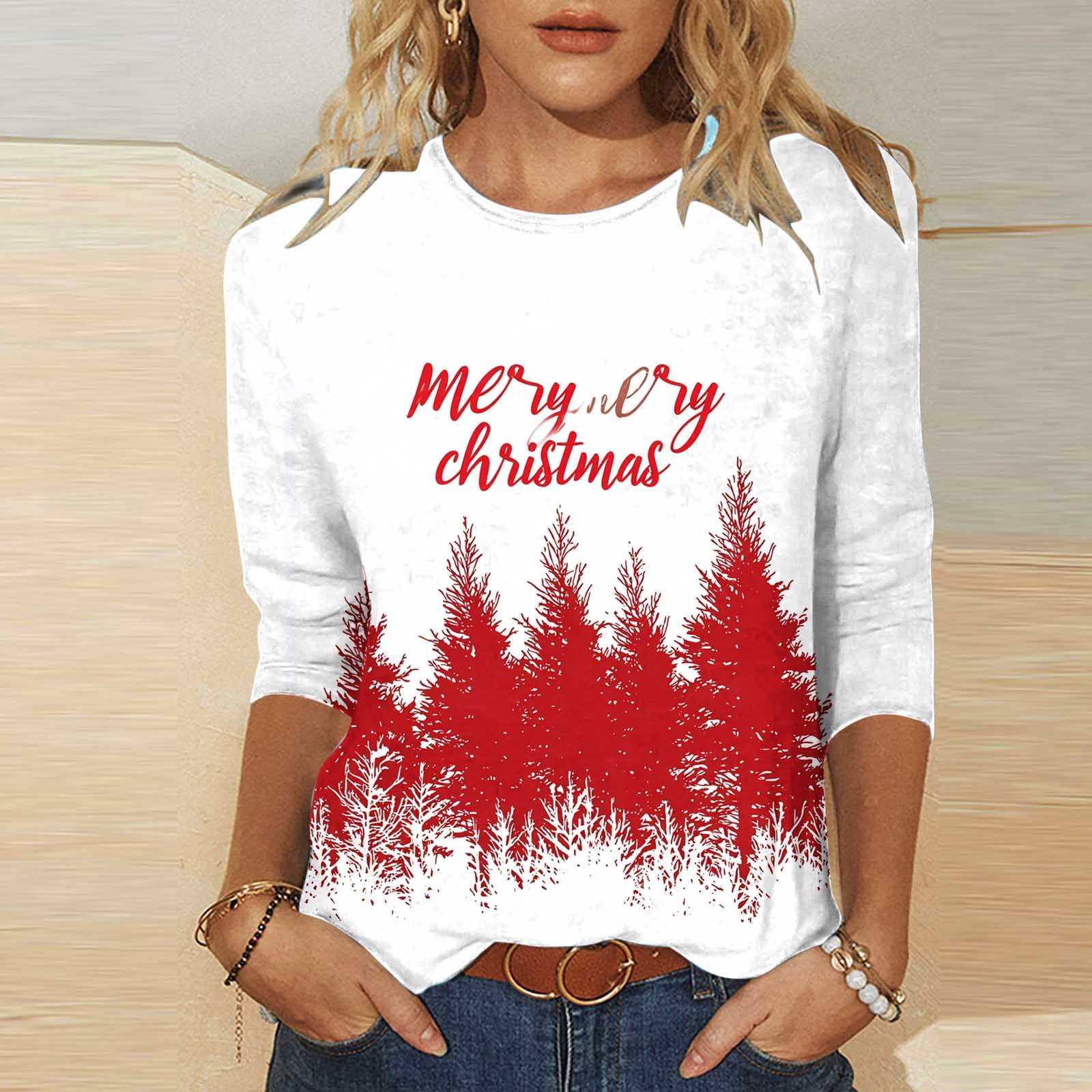 Elvqul Christmas Tops for Women Cute Shirts Santa Graphic Red 3/4 ...