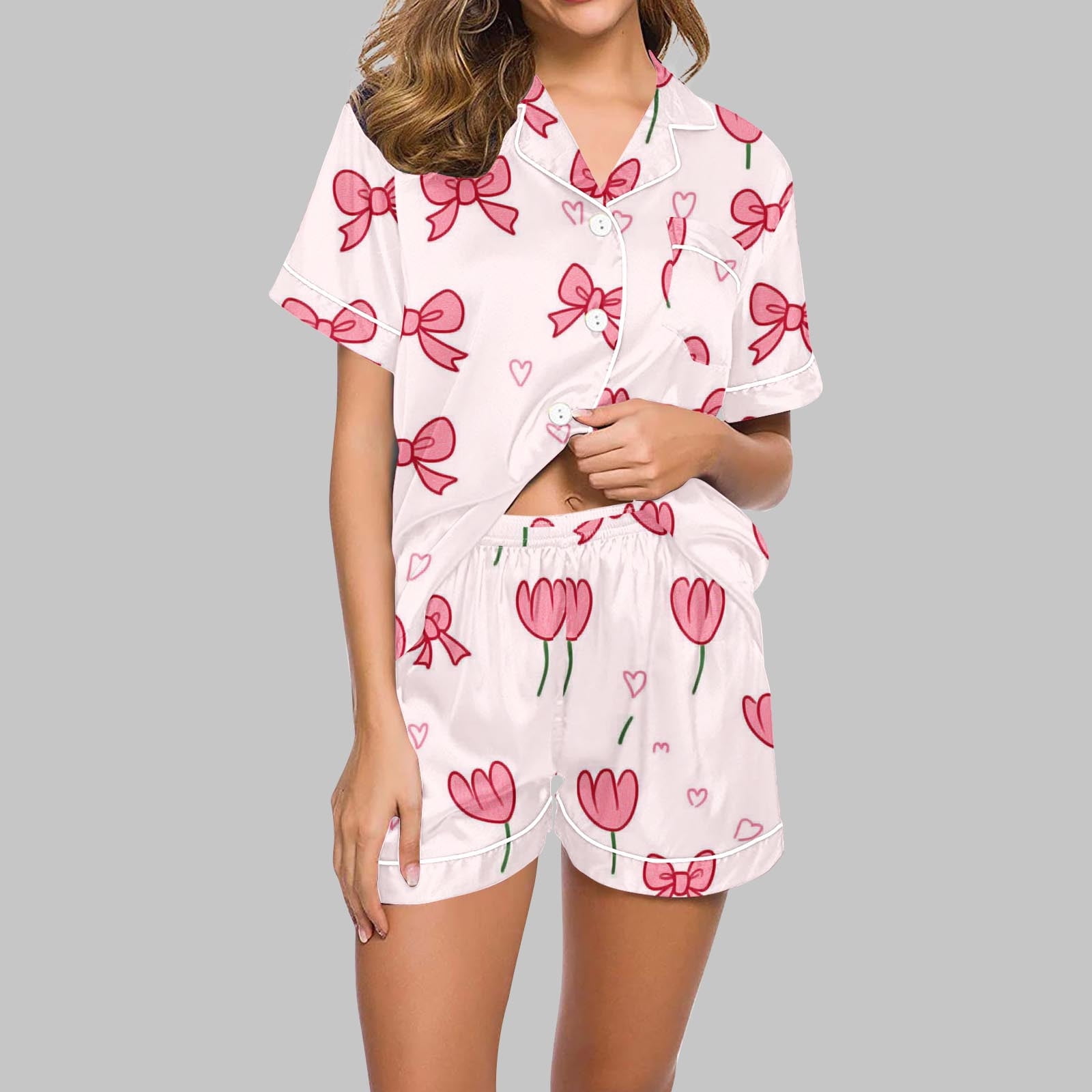 Elvqul Collared Pajamas for Women Short Sleeve Graphic Pink Night ...