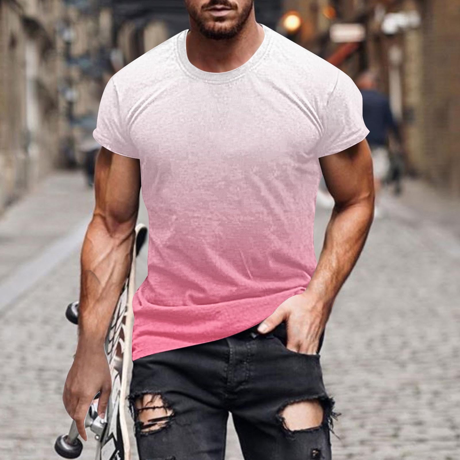 Elvqul Fashion Shirts for Men Athlete Gradient Print Pull-On Crewneck ...
