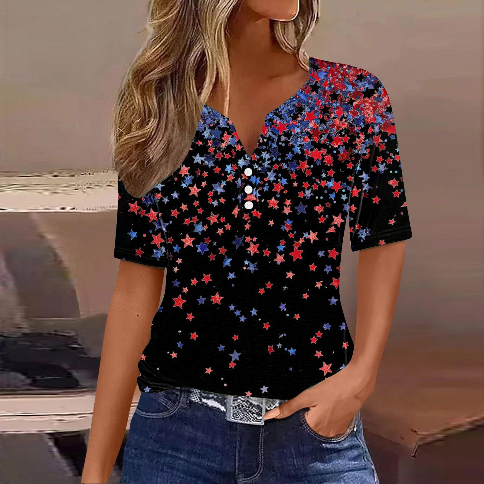 Elvqul Fourth of July Tops for Women American Flag 3/4 Sleeve T Shirts ...