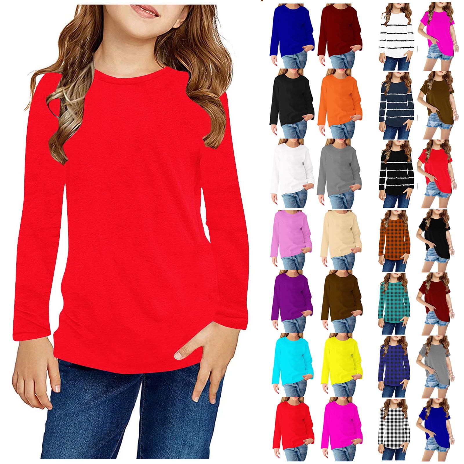 Elvqul Girls Tops Long Sleeve School Red Plain Cute Round Neck Shirts ...