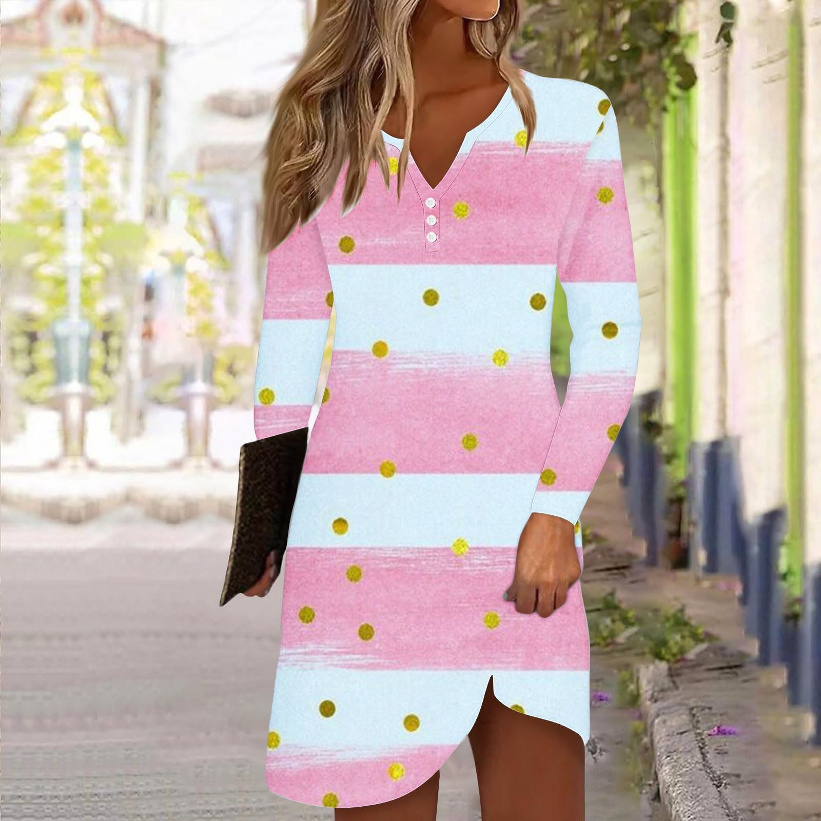 Elvqul Gradient Print Womens Dresses Pullover Pink Mini Dresses V-Neck ...