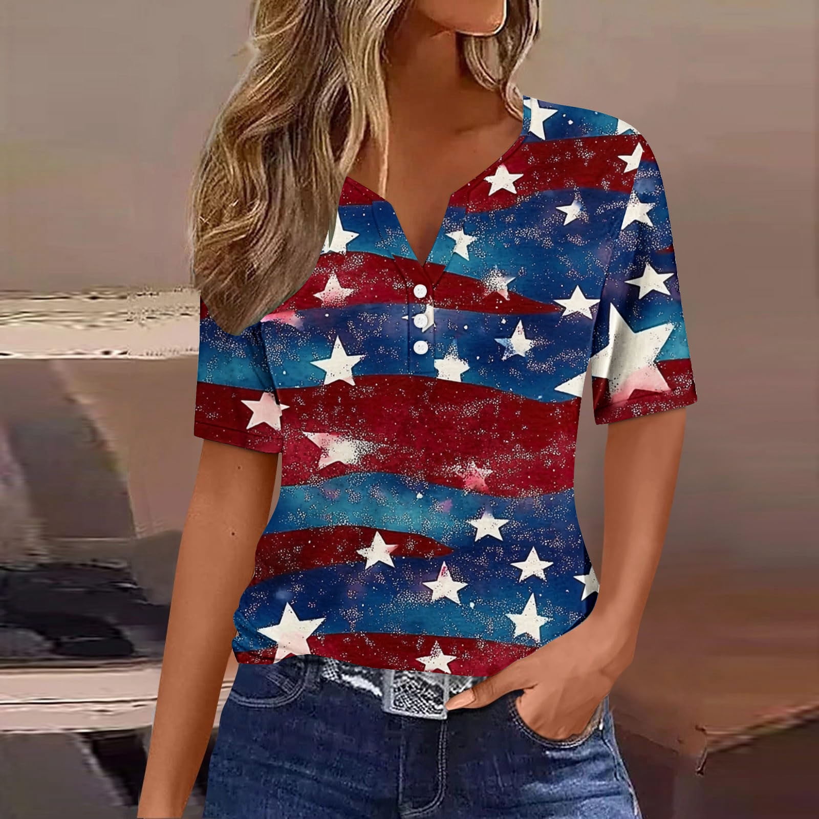 Elvqul Independence Day Blouses for Women Tops Red Patriotic Fourth of July V-Neck Star Ladies T ...