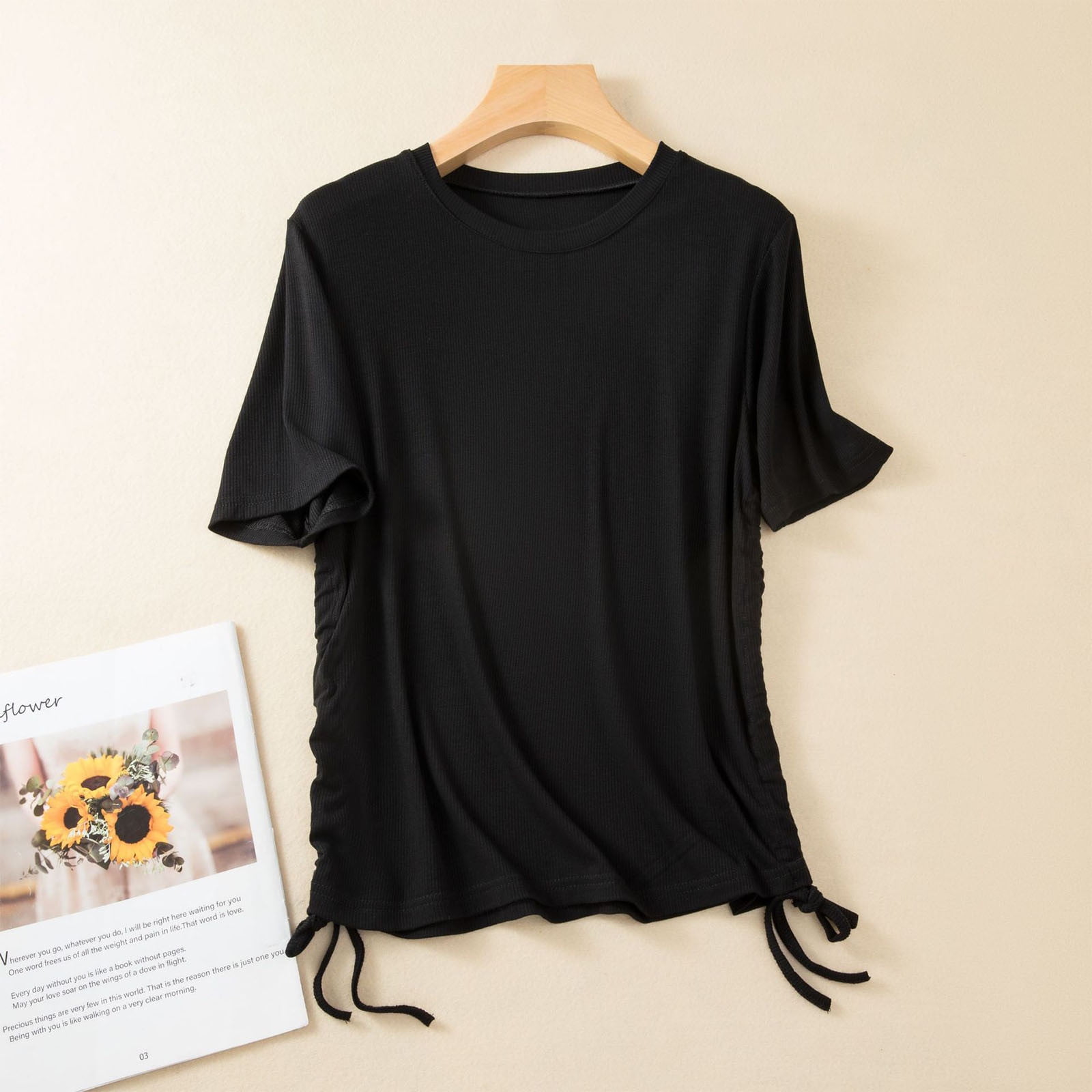 Elvqul Ladies Tee Shirts Crew Neck Short Sleeve Black T-shirt Threaded ...