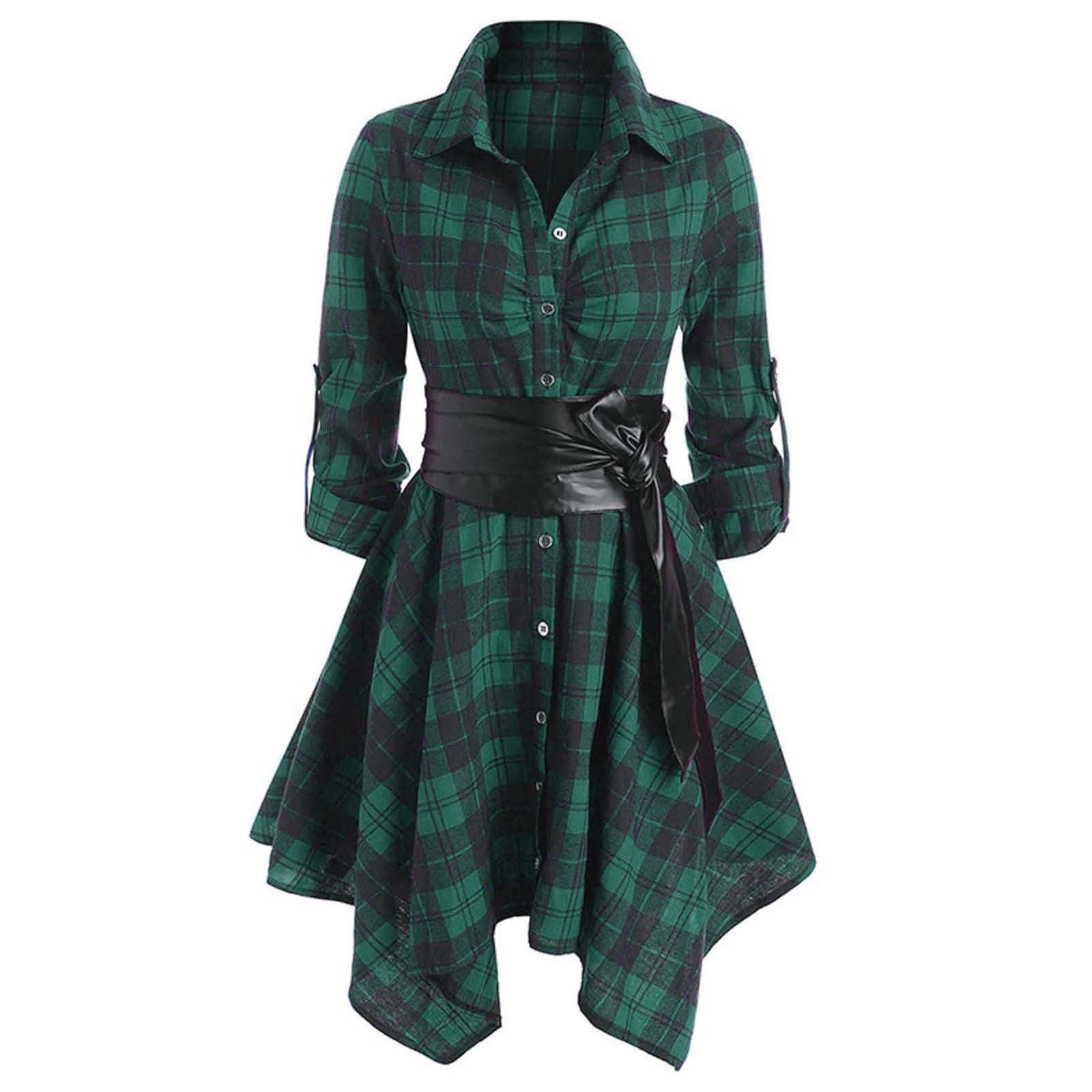 Elvqul Long Sleeve Dresses for Women Collared Green Drawstring Plaid ...