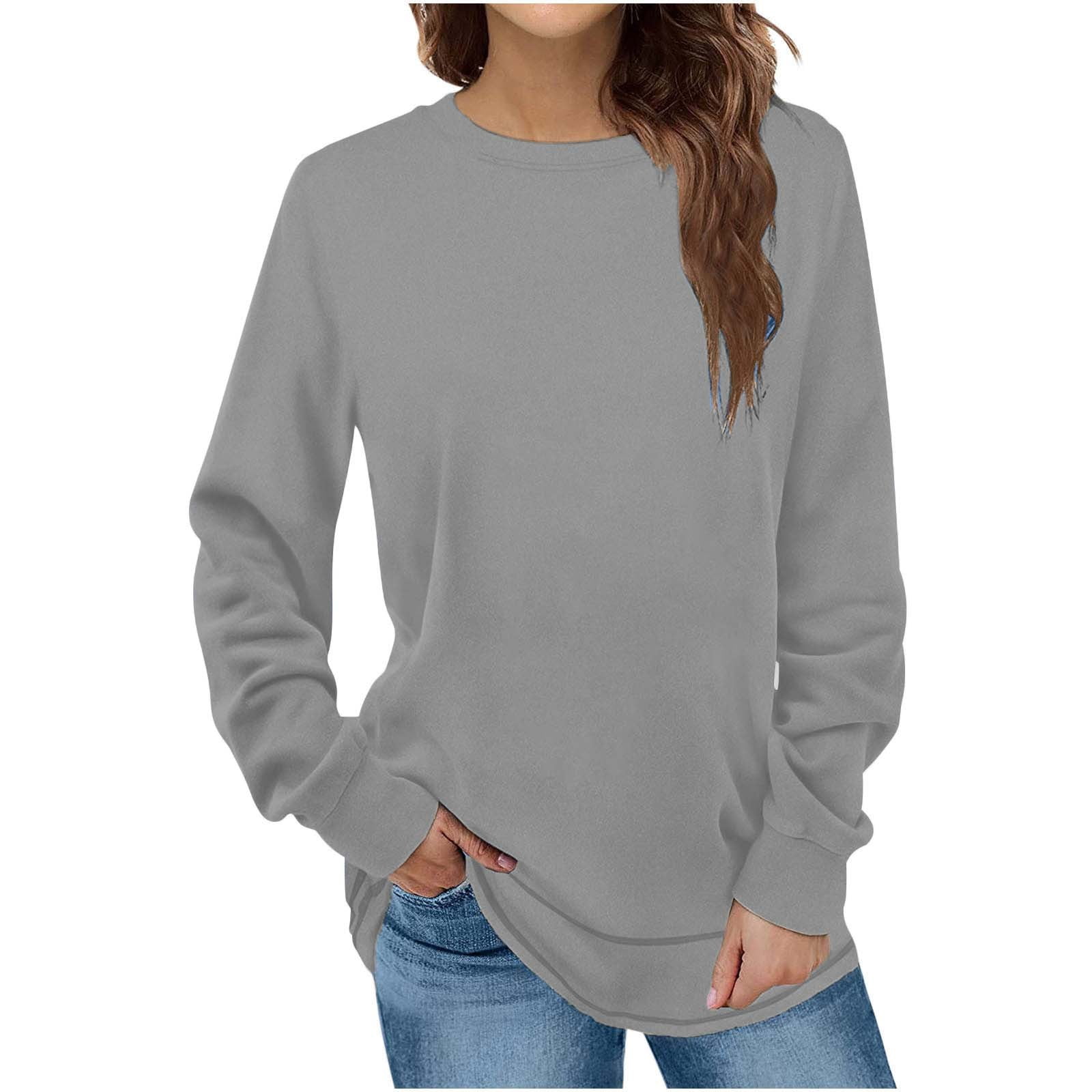 Elvqul Long Sleeve Dressy Tops for Women Gray Ladies T Shirts Crew Neck ...